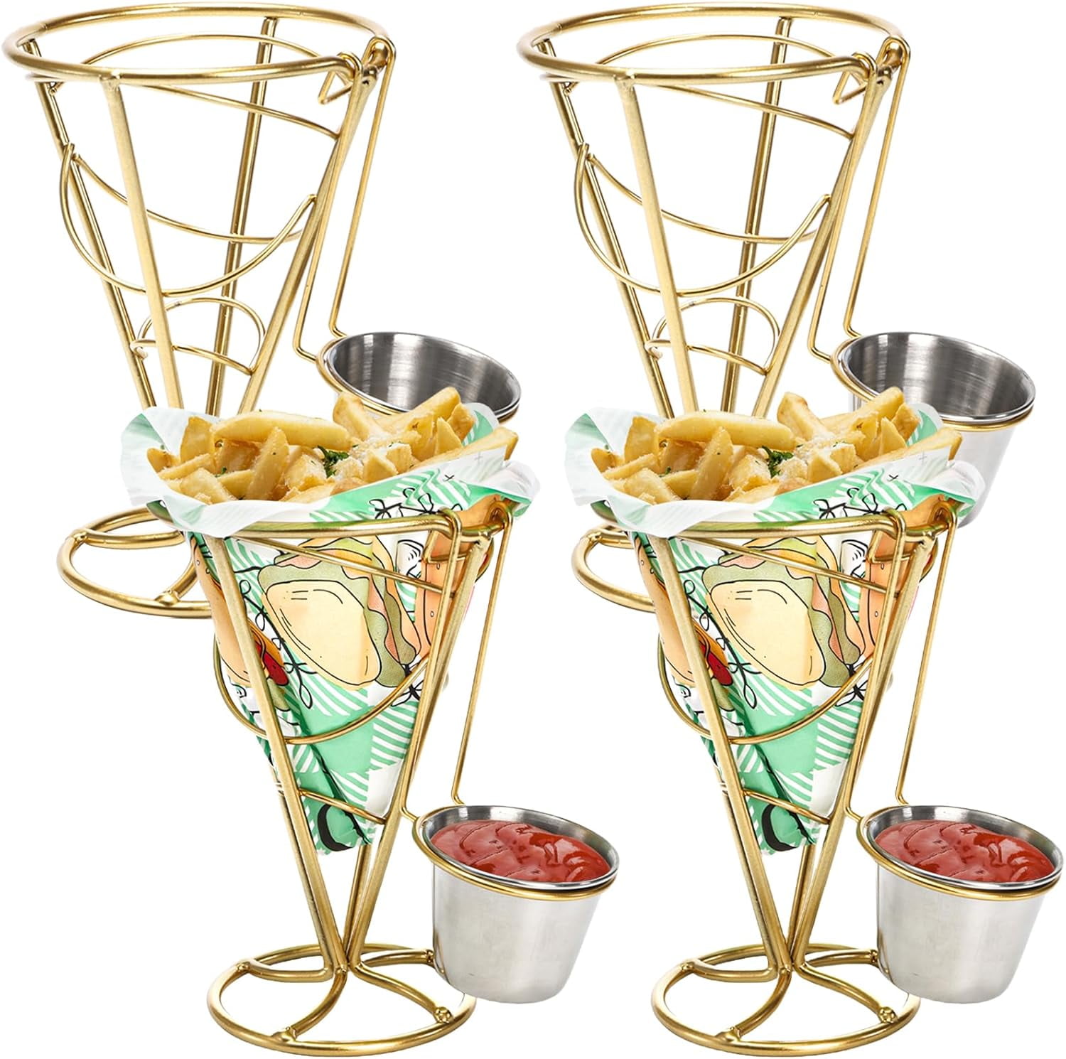 4 Pack French Fry Holder, Chip Cone Basket with Sauce Cups, Metal Wire ...
