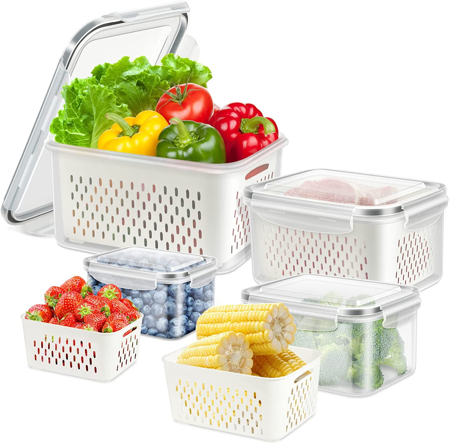 4 Pack Fridge Food Storage Container with Lids, Plastic Fresh Produce ...