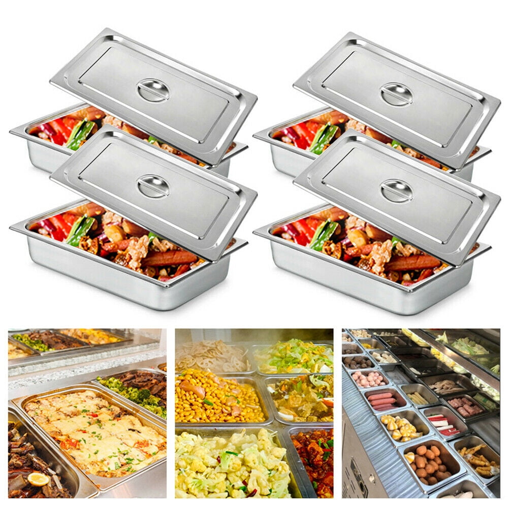4 Pack Full Size 4" Deep Steam Table Pans w/ Lid Buffet Catering Hotel ...