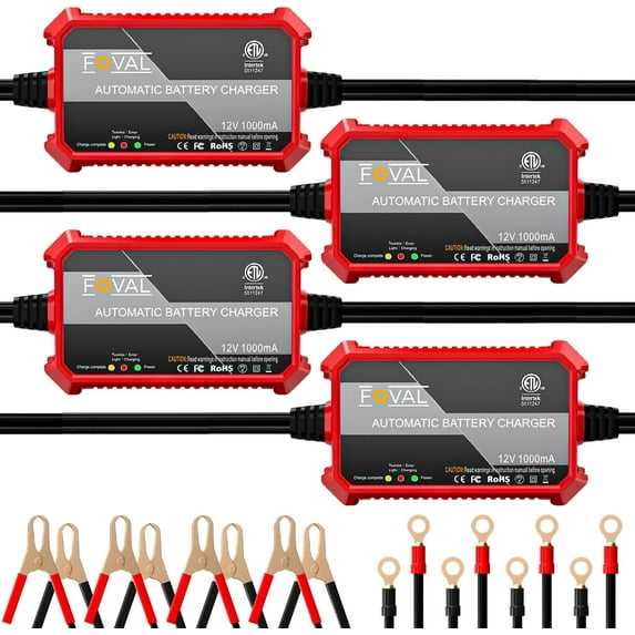 [4-Pack] Fully Automatic Trickle Battery Charger 1000mA 12V Smart Car ...