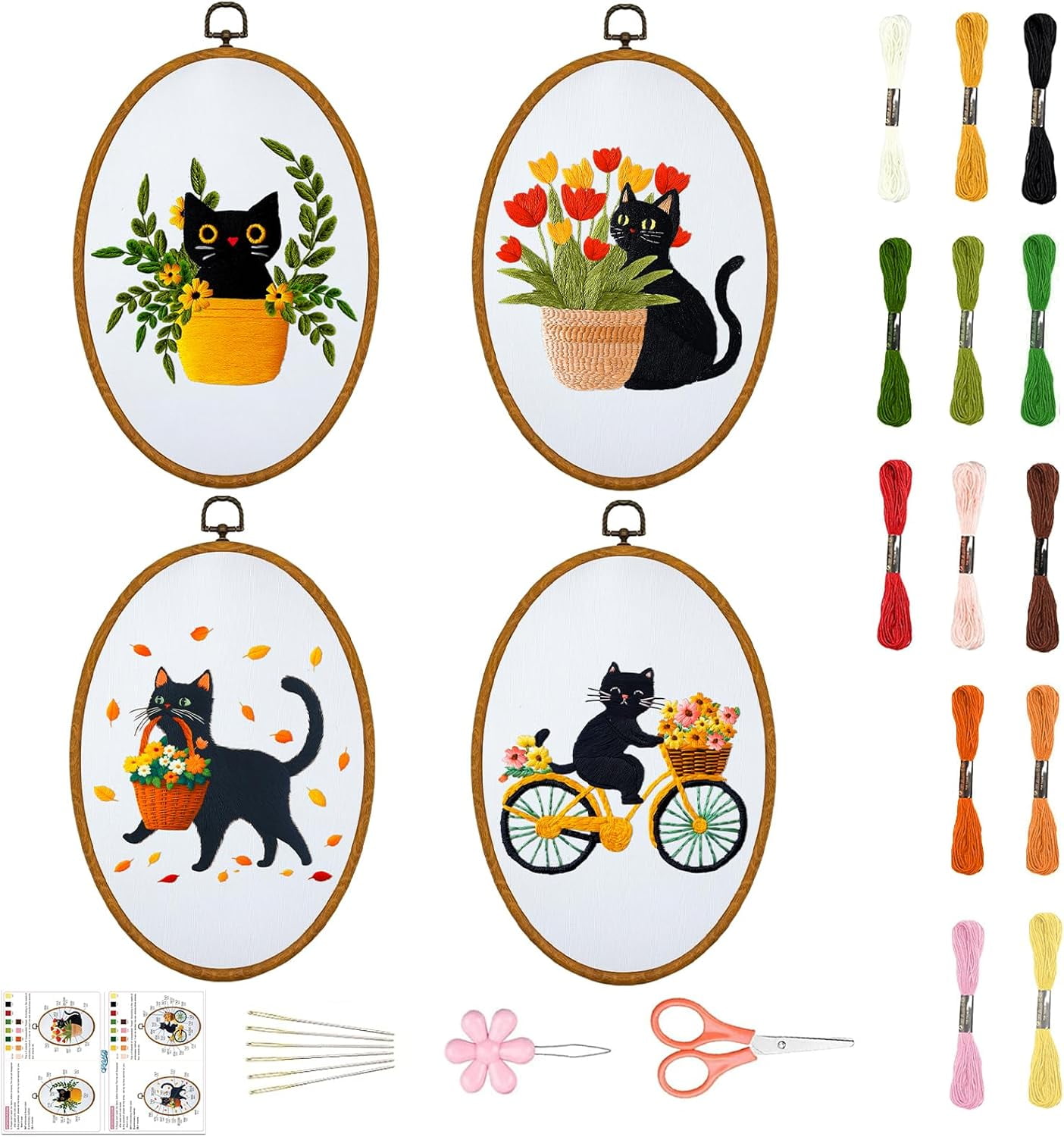 4 Pack Funny Black Cat Embroidery Kits for Beginners DIY Starter Hand ...