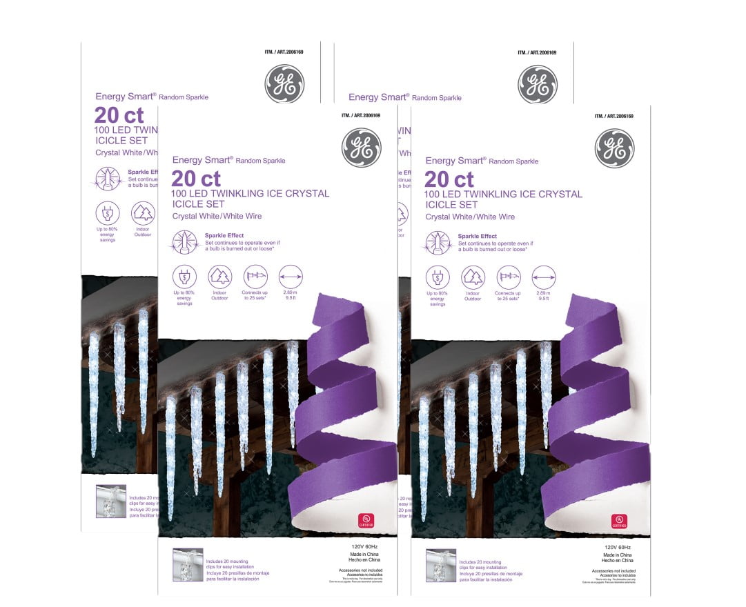 GE Energy Smart 4 Pack | 20 Count 100 LED Twinkling Icicle Set with Random sparkle effect ...