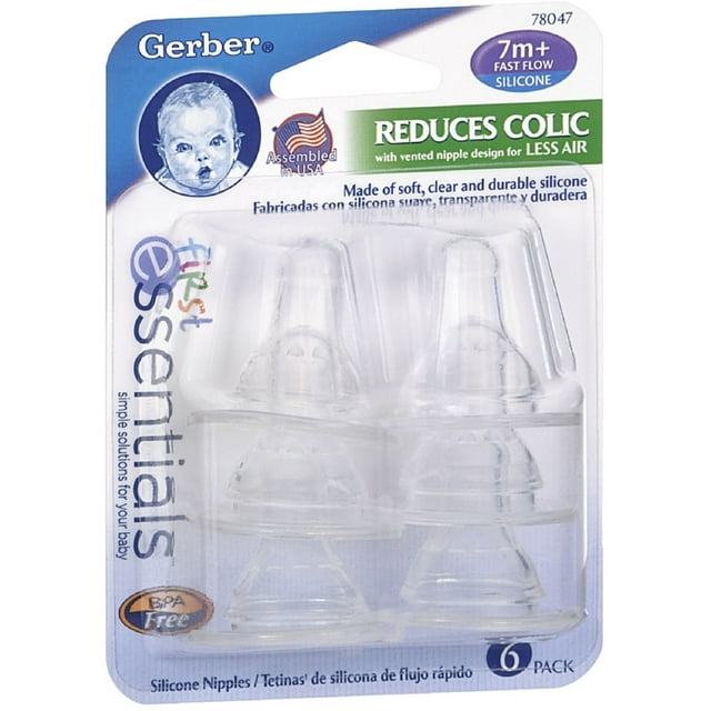 4 Pack - Gerber First Essentials BPA Free Fast Flow Silicone Nipples 6 ...