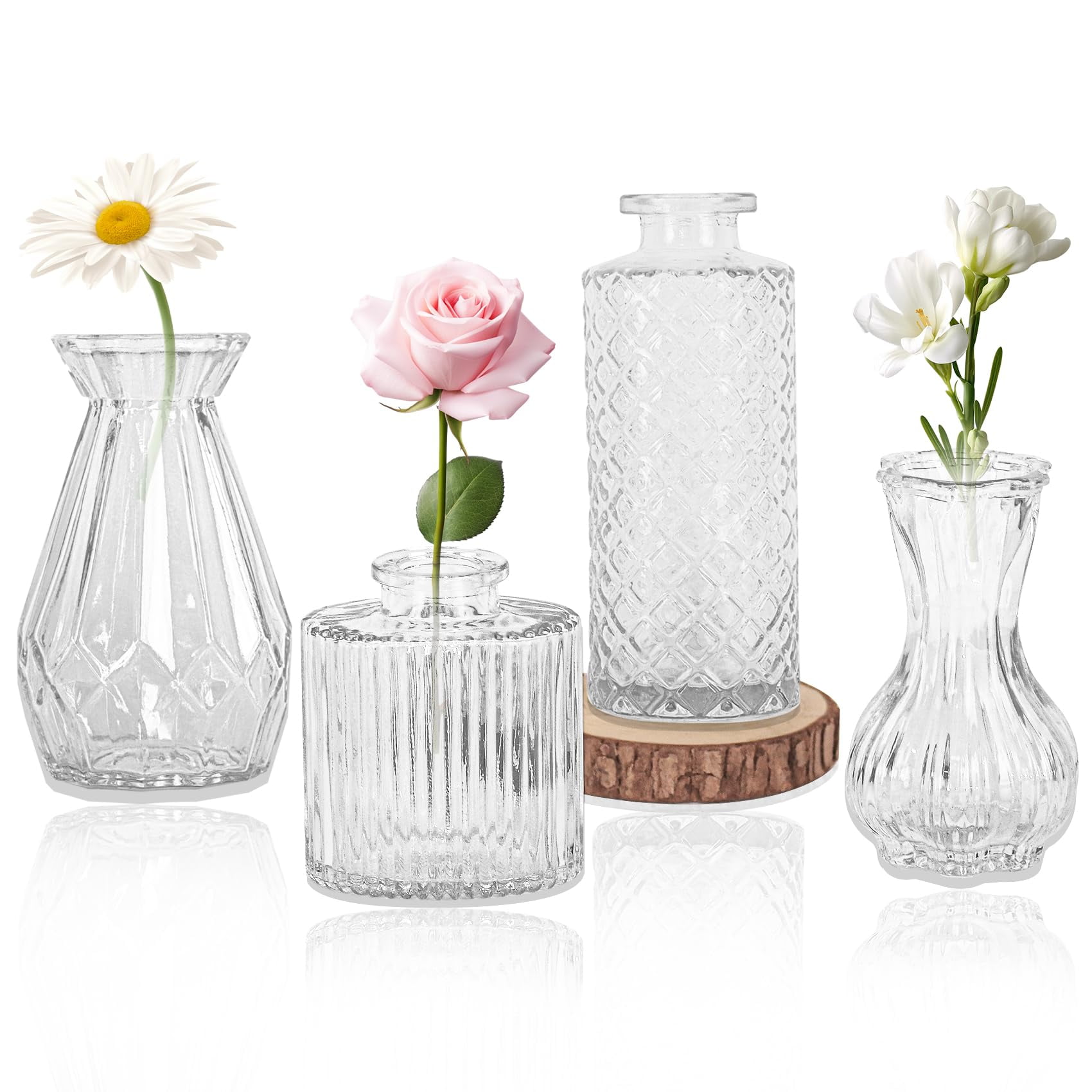 4 Pack Glass Bud Vases Set, Small Vintage Clear Flower Vases for Table ...