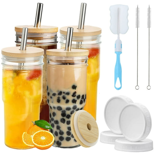 4-Pack 24oz Reusable Glassware Drinkware, Bubble Tea Cups with Lids ...