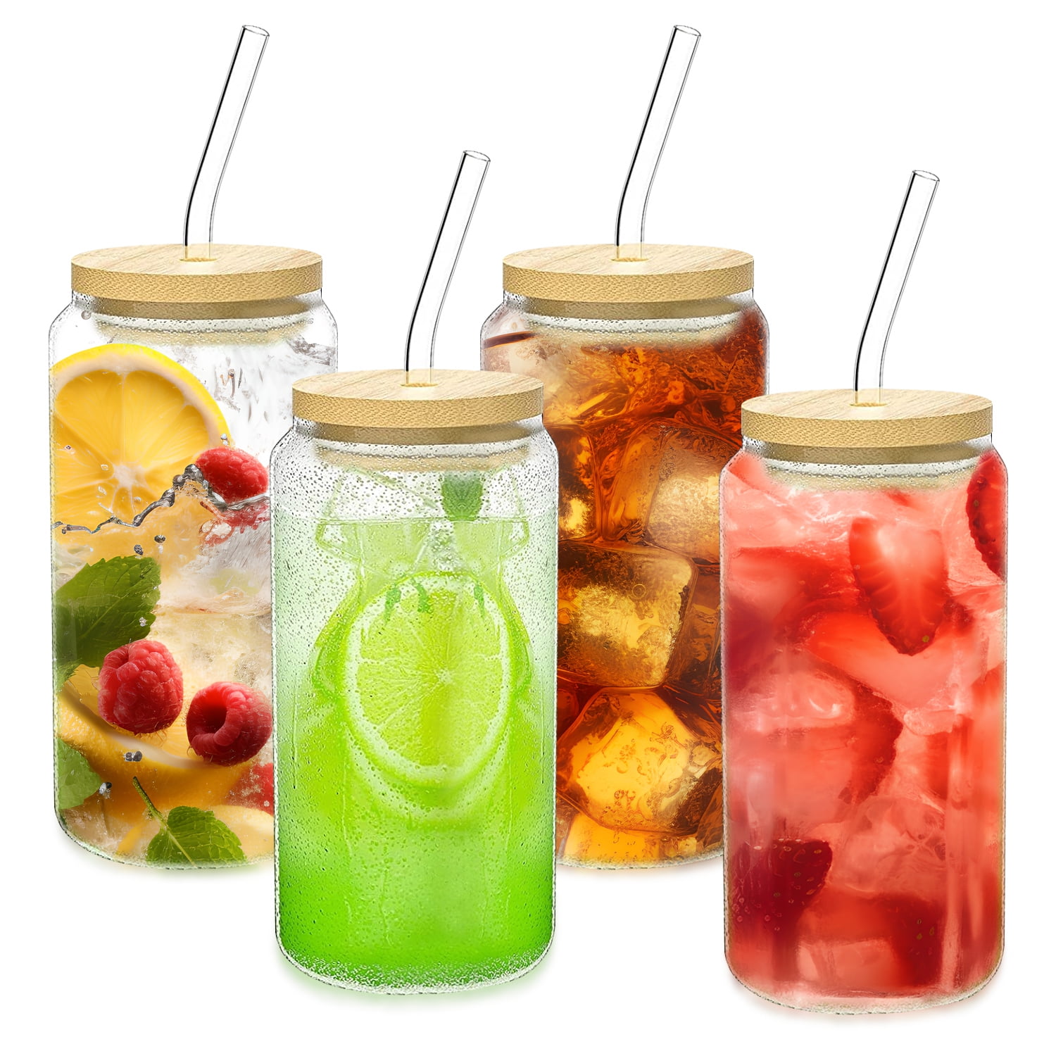 Walmart 4 Pack 16oz Glass Cups with Bamboo Lids, Straws for Iced Coffee ...