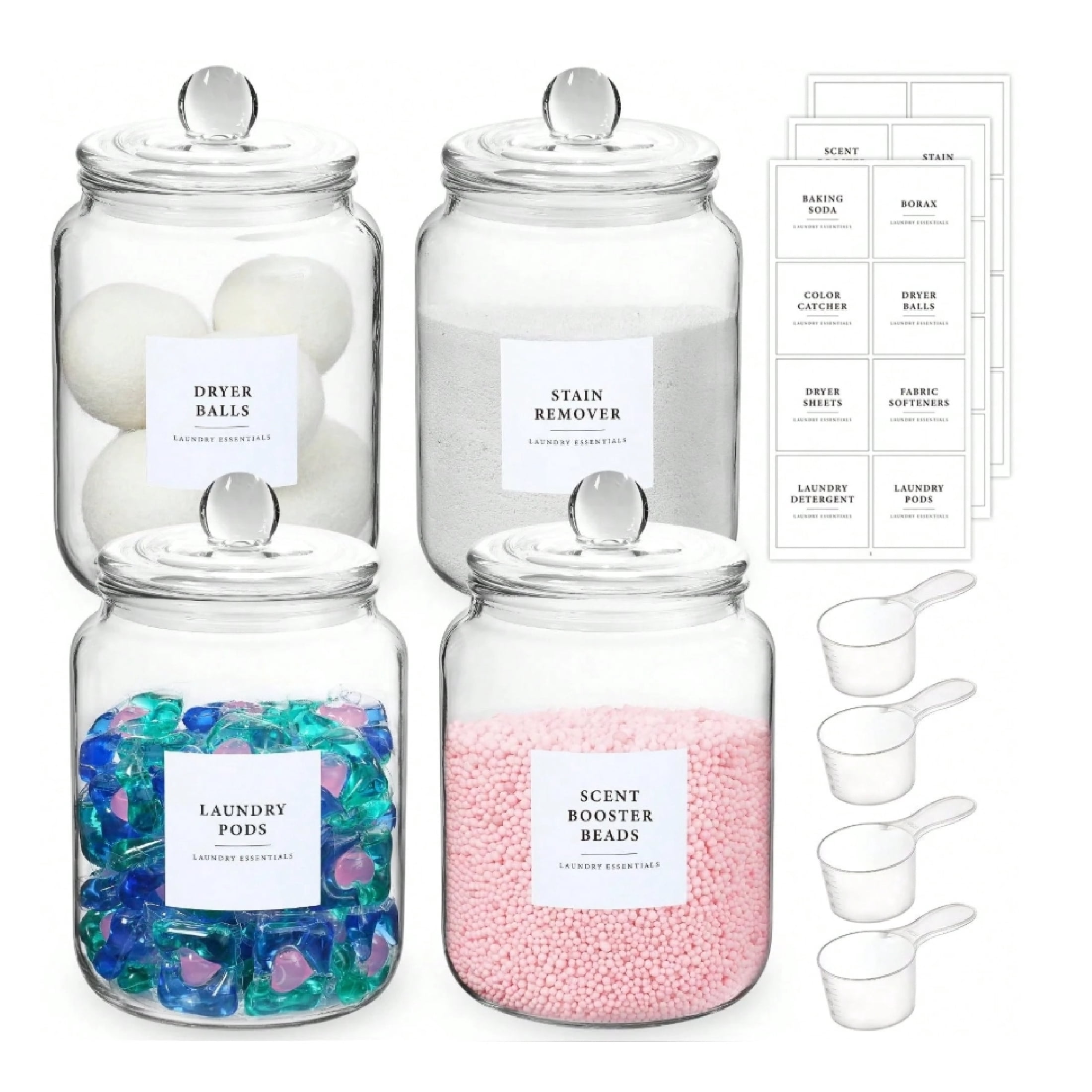 4 Pack Glass Jars With Lids And Labels, Glass Containers For Laundry ...