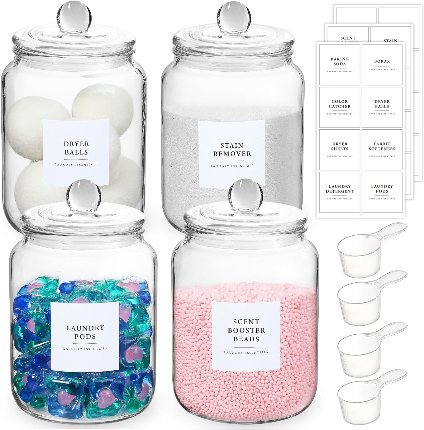 4 Pack Glass Jars with Lids and Labels, Glass Containers for Laundry ...