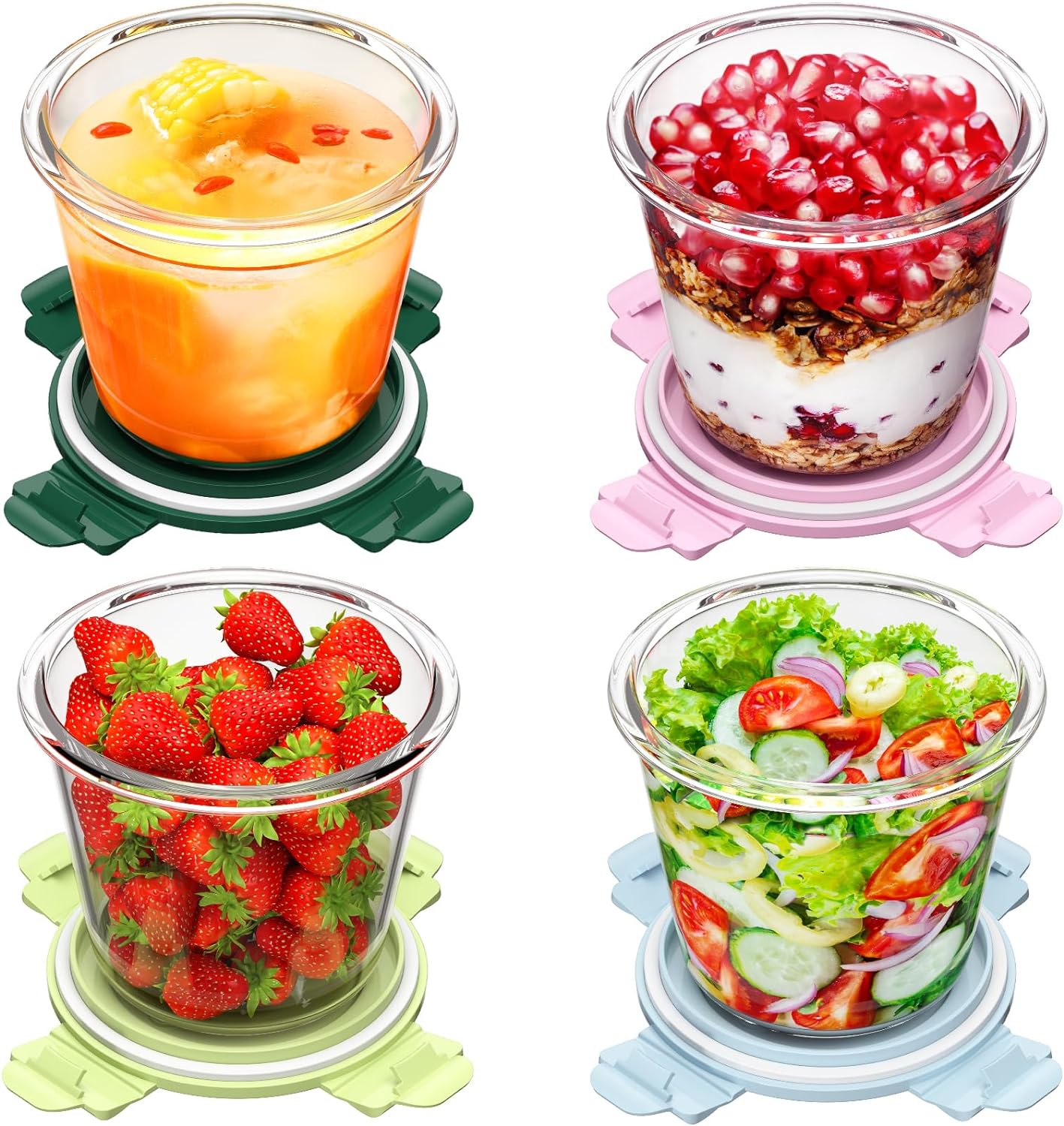 4 Pack Glass Meal Prep Containers with Airtight Lids, Leak-proof Round ...