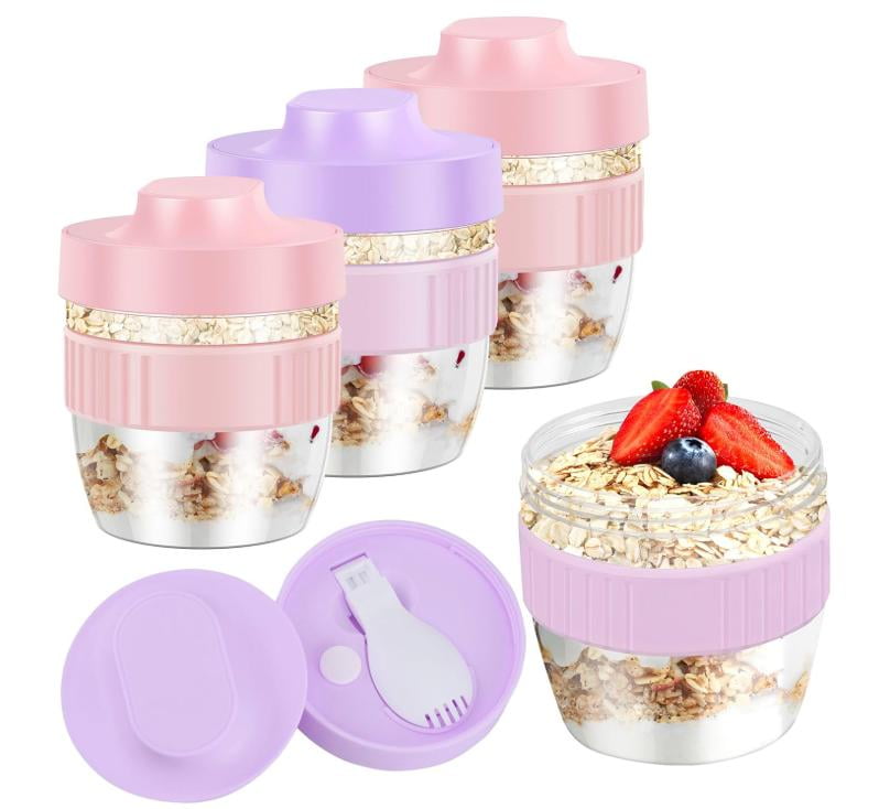 4 Pack Glass Overnight Oats Containers with Lids and Folding Spoons,16oz Mason Overnight Oats ...