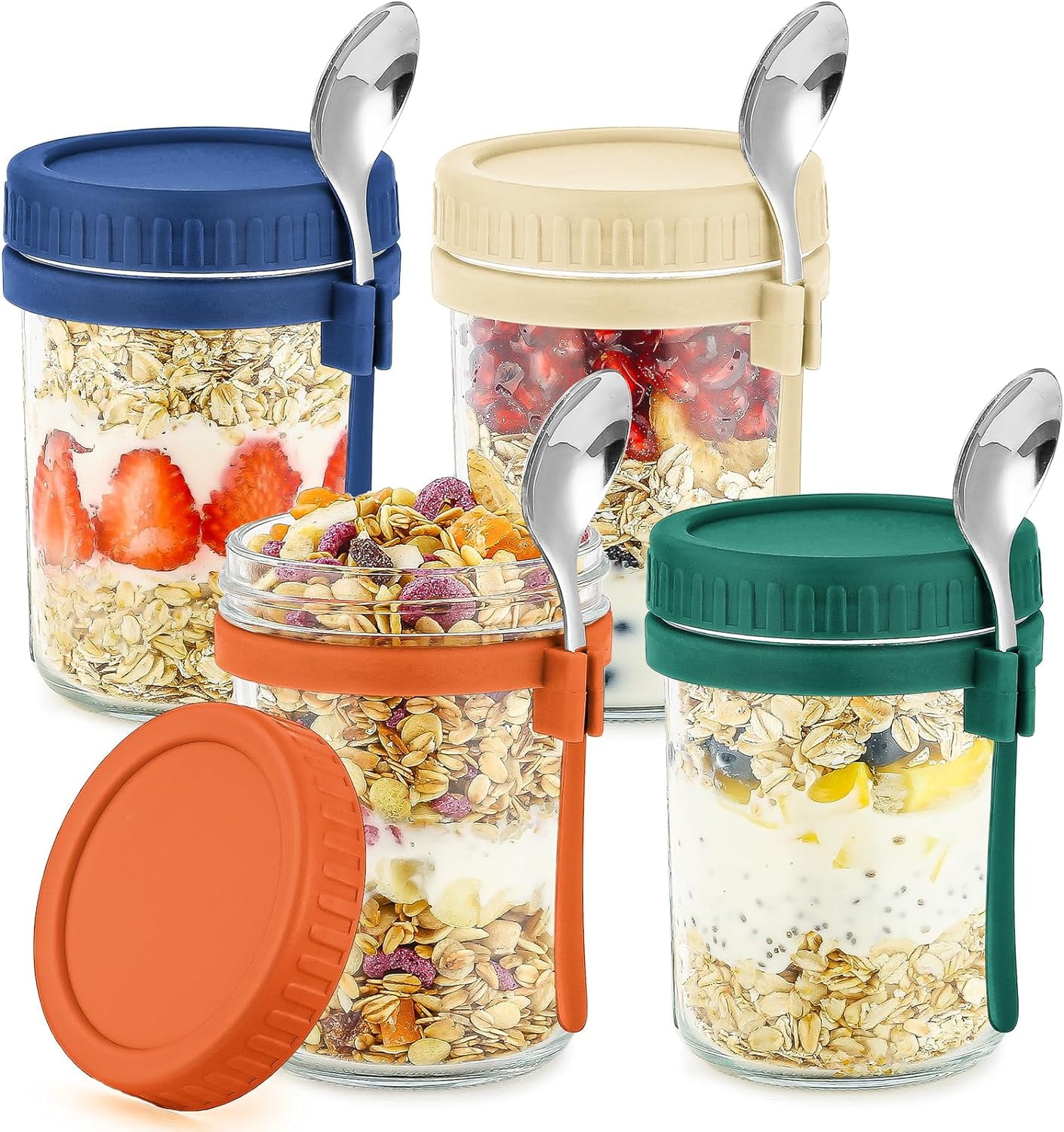 4 Pack Glass Overnight Oats Containers with Lids and Spoons 16 Oz Mason ...