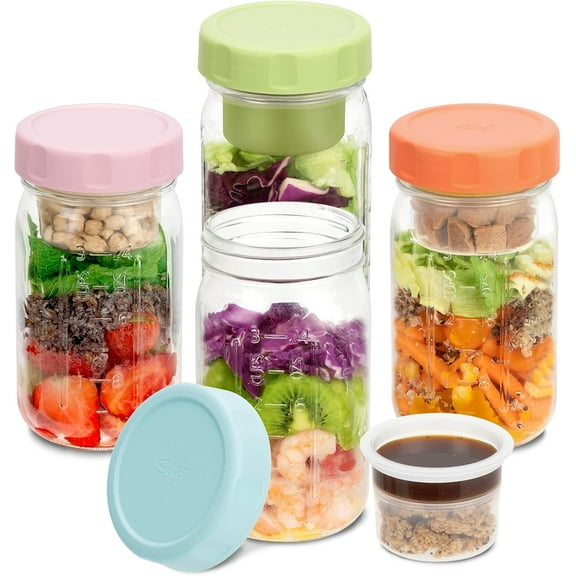 Salad Jars with Dressing Container 32oz - 4 Pack Leakproof Glass Food ...