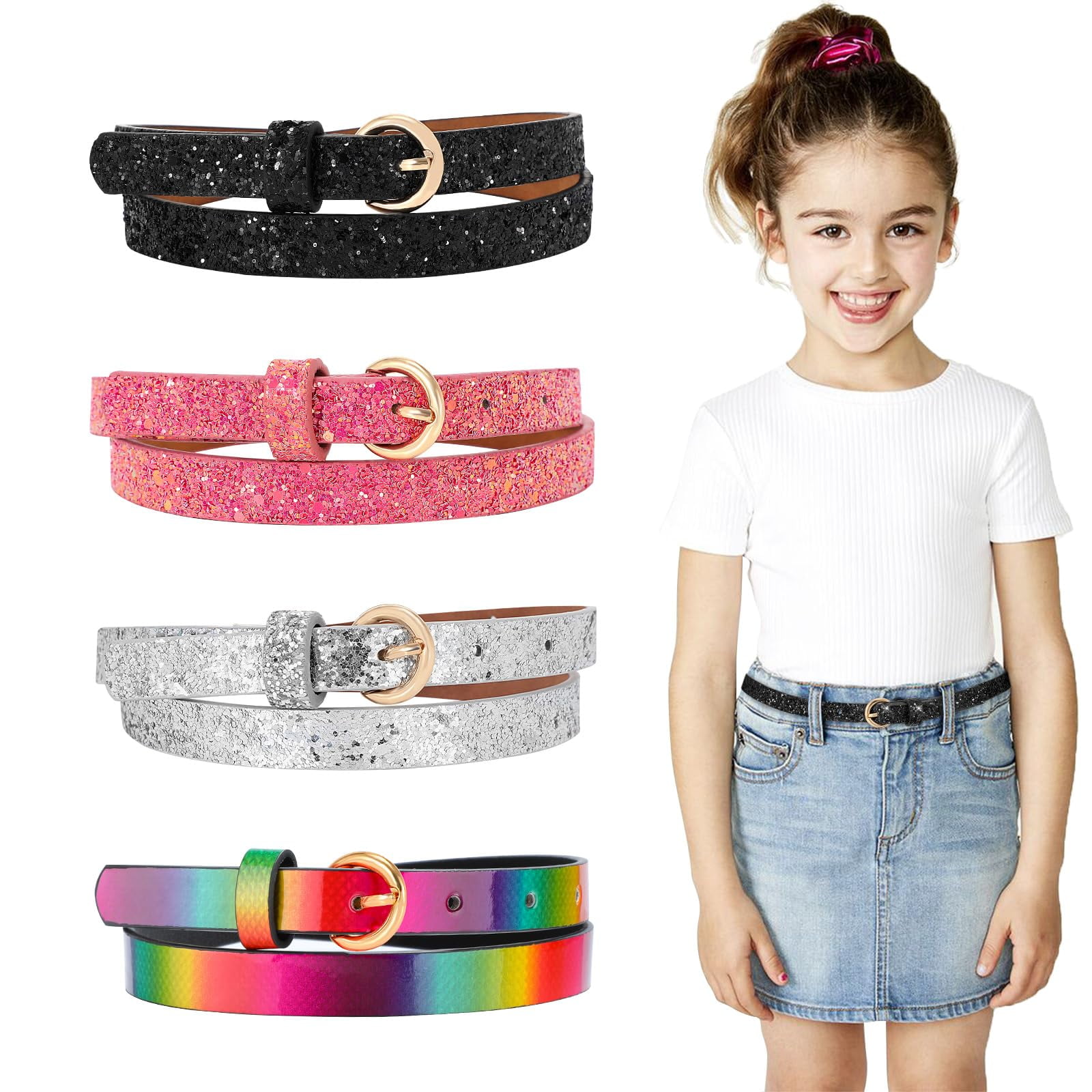 4 Pack Glitter Girls Belt Colorful Kids Skinny Belts for Jeans Dress ...