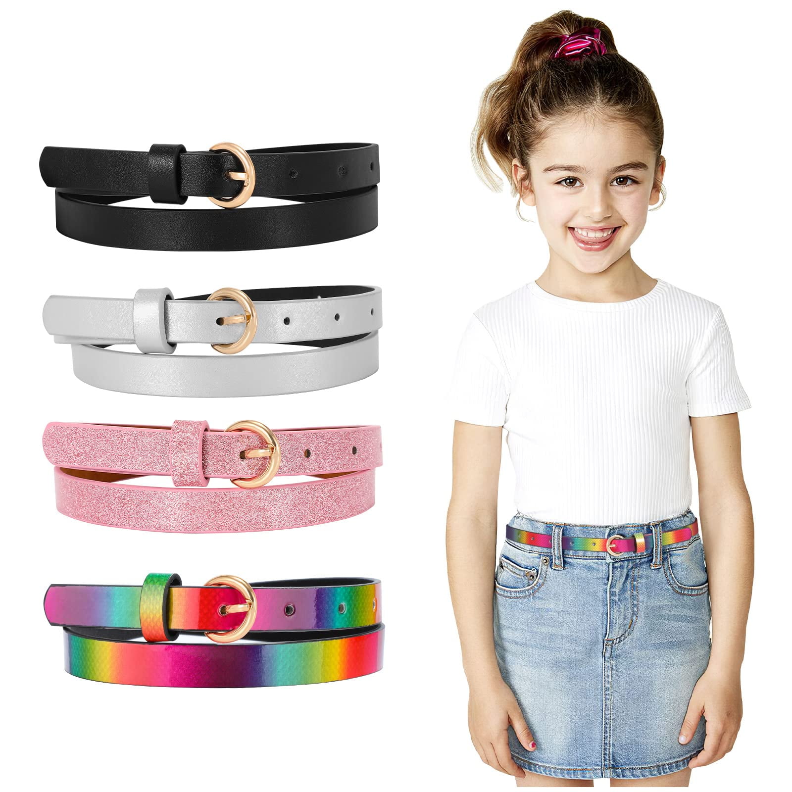 4 Pack Colorful Girl's Skinny Belt Shiny Glitter Kids Belts for Jeans ...