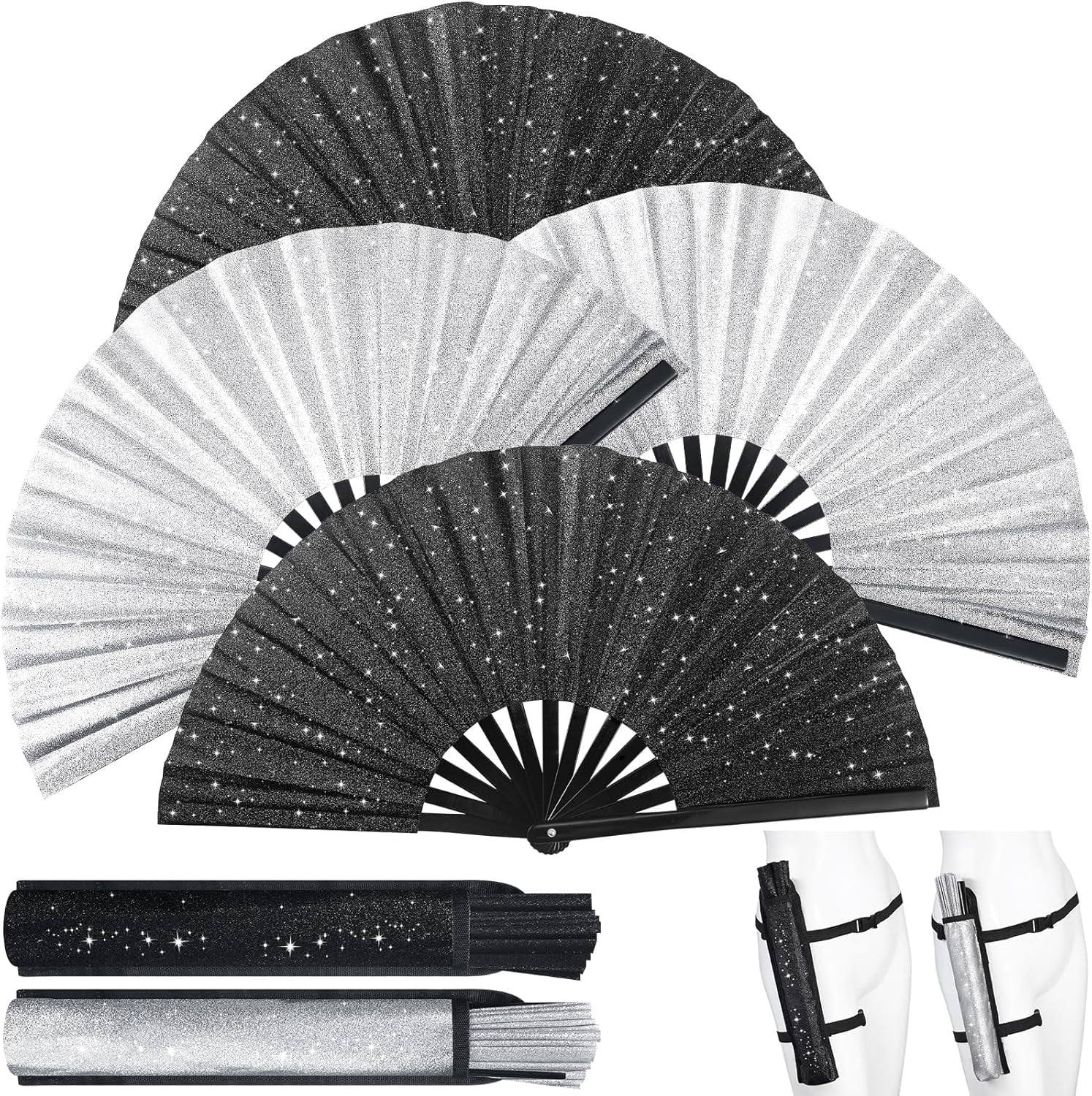 4 Pack Glitter Large Rave Fan Large Folding Shiny Hand Rave Fan for ...