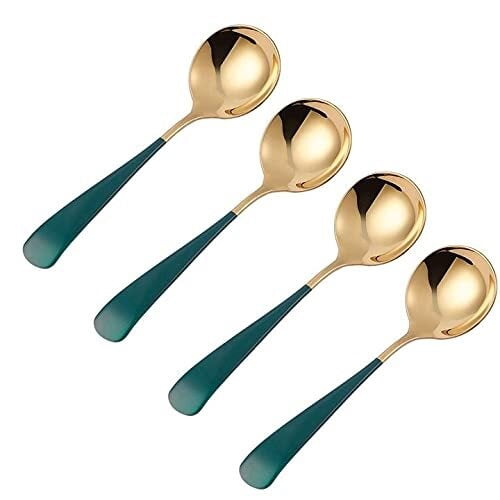 4 Pack Gold Soup Spoons Stainless Steel Round Large Head Bowl Heavy ...