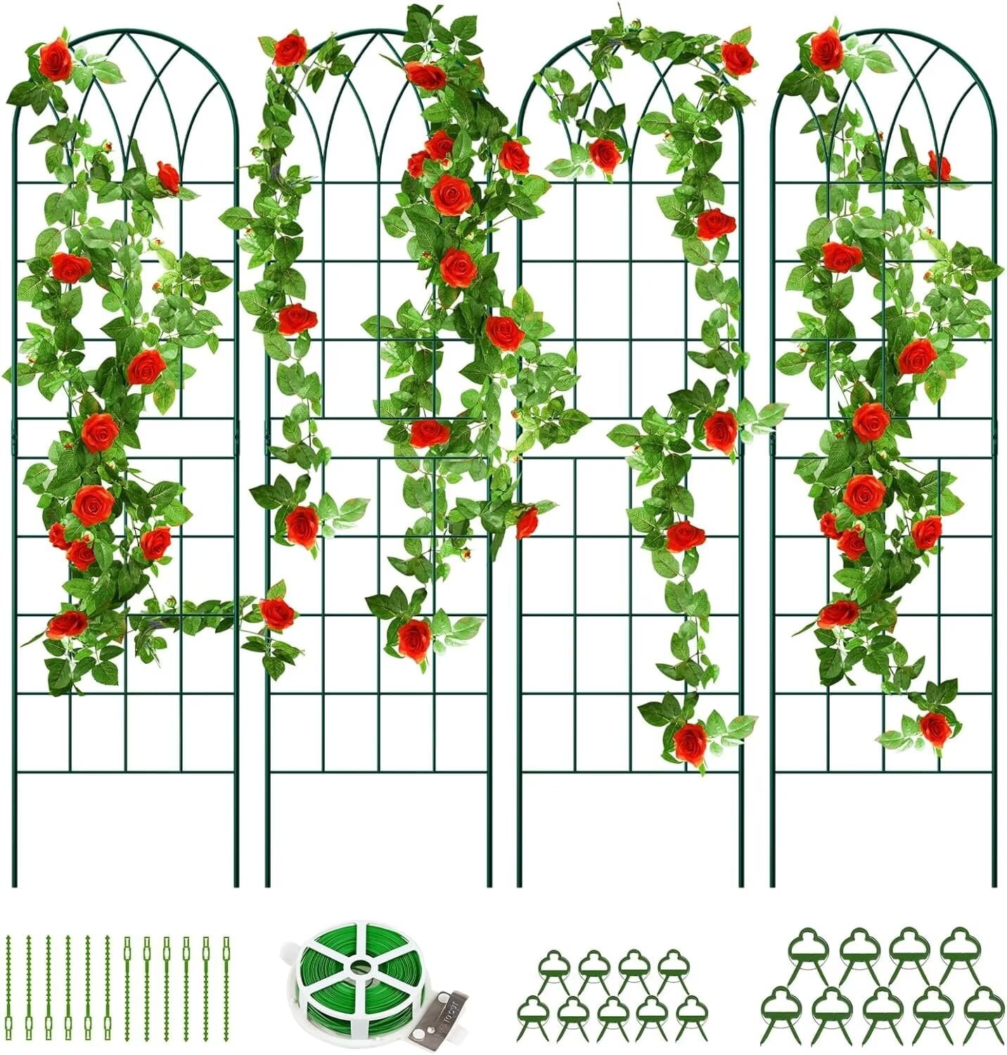 4 Pack Green Garden Trellis for Climbing Plants 60" x 16" Iron Plant ...