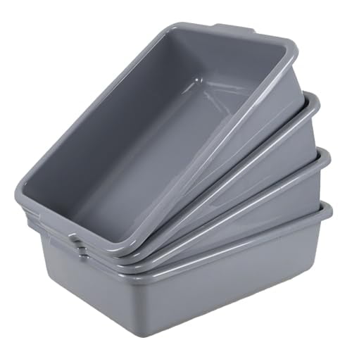 4 Pack Grey Commercial Bus Tubs, 22 L Plastic Bus , Rectangular Utility ...