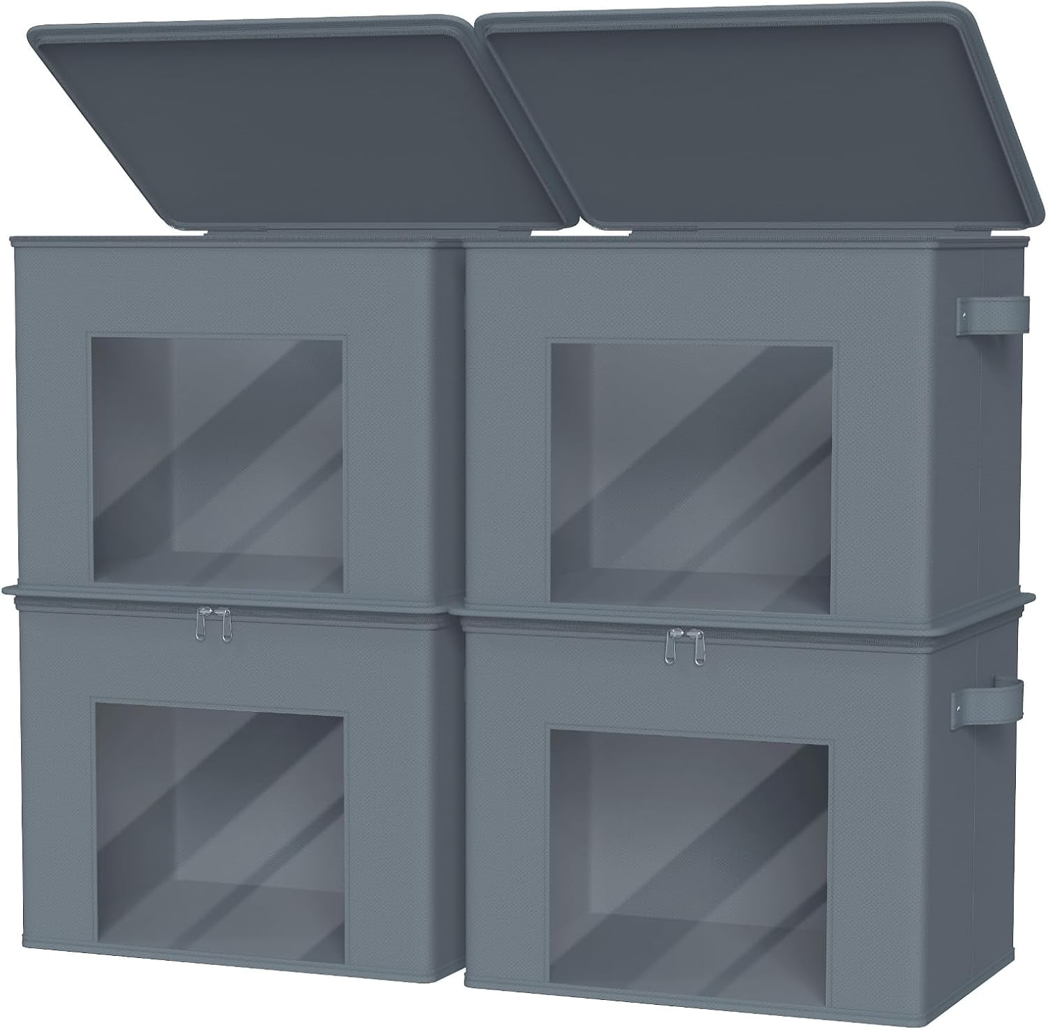 4-Pack Grey Fabric Foldable Storage Boxes with Zipper Lid and Clear ...