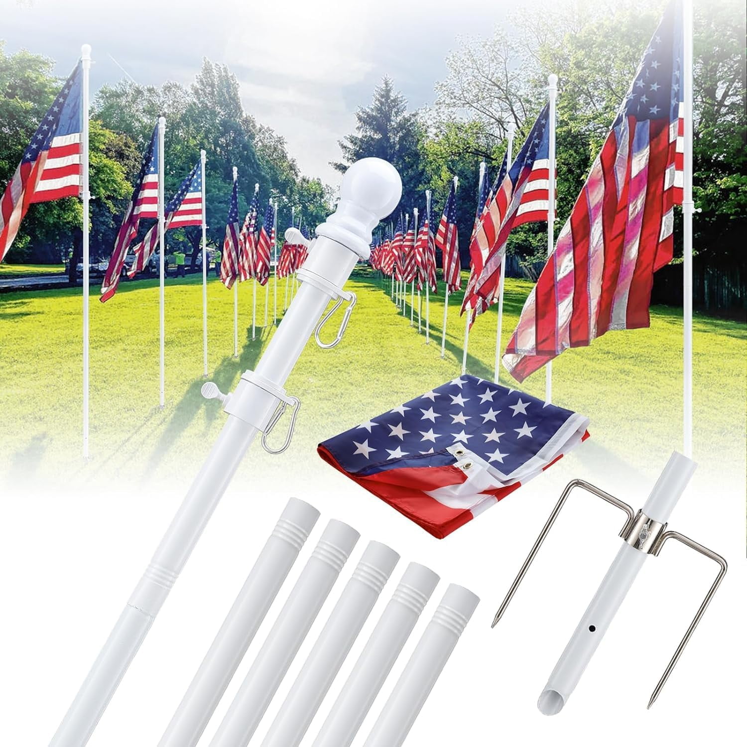 4-Pack Ground Flag Pole Kit - 8.5 FT Tangle Free with Anti-Tip Stand ...