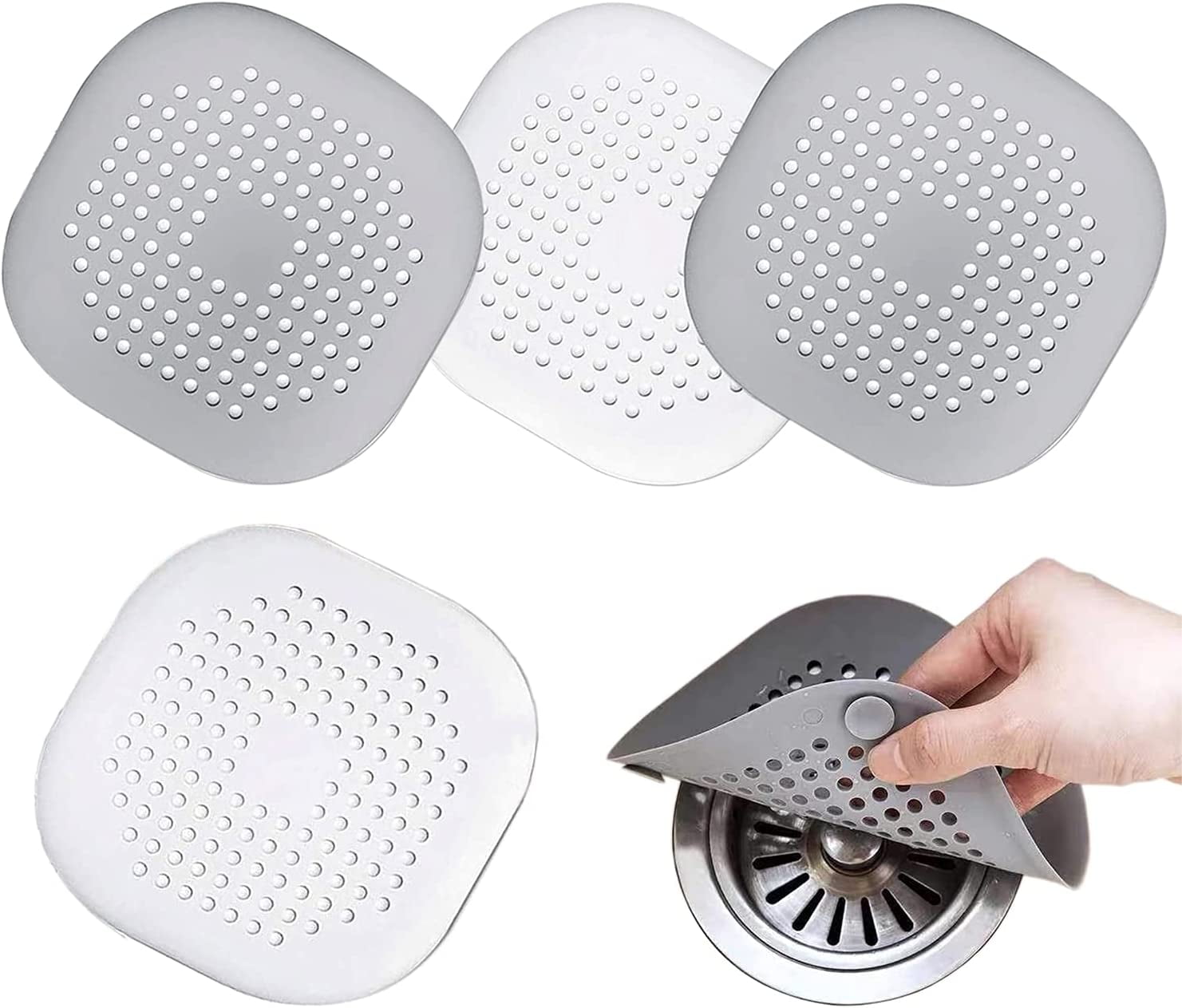 4 Pack Hair Catcher, Square Hair Drain Cover for Shower Silicone Hair ...