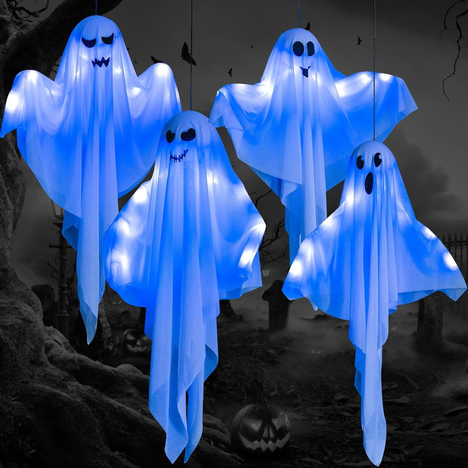 4 Pack Halloween Hanging Ghost Decorations, 27.5" Light Up Spooky ...