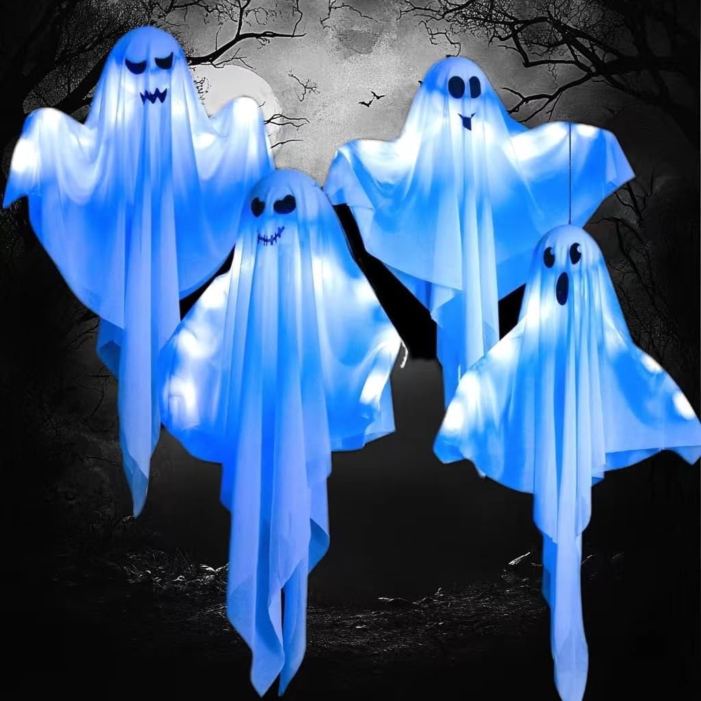4 Pack Halloween Hanging Ghosts, 27.5" Light-up Cute Flying Ghost ...