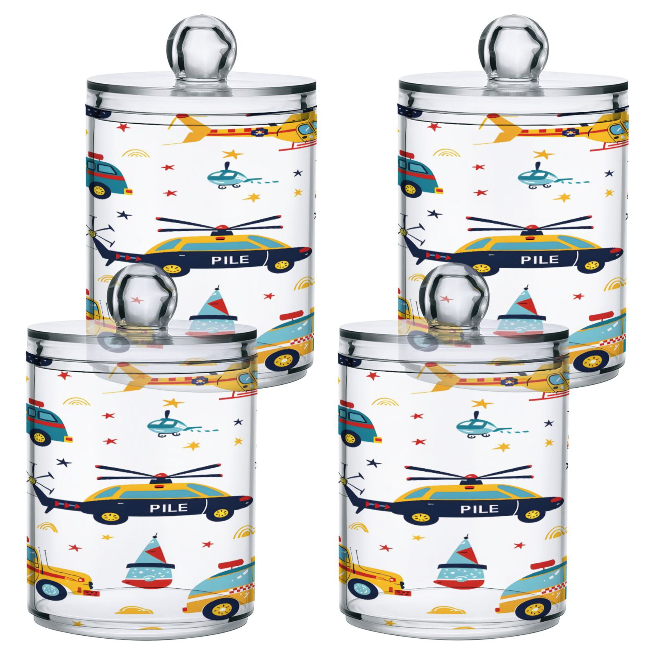 4 Pack Hand Drawn Car Helicopter Qtip Holder Dispenser Clear Plastic ...