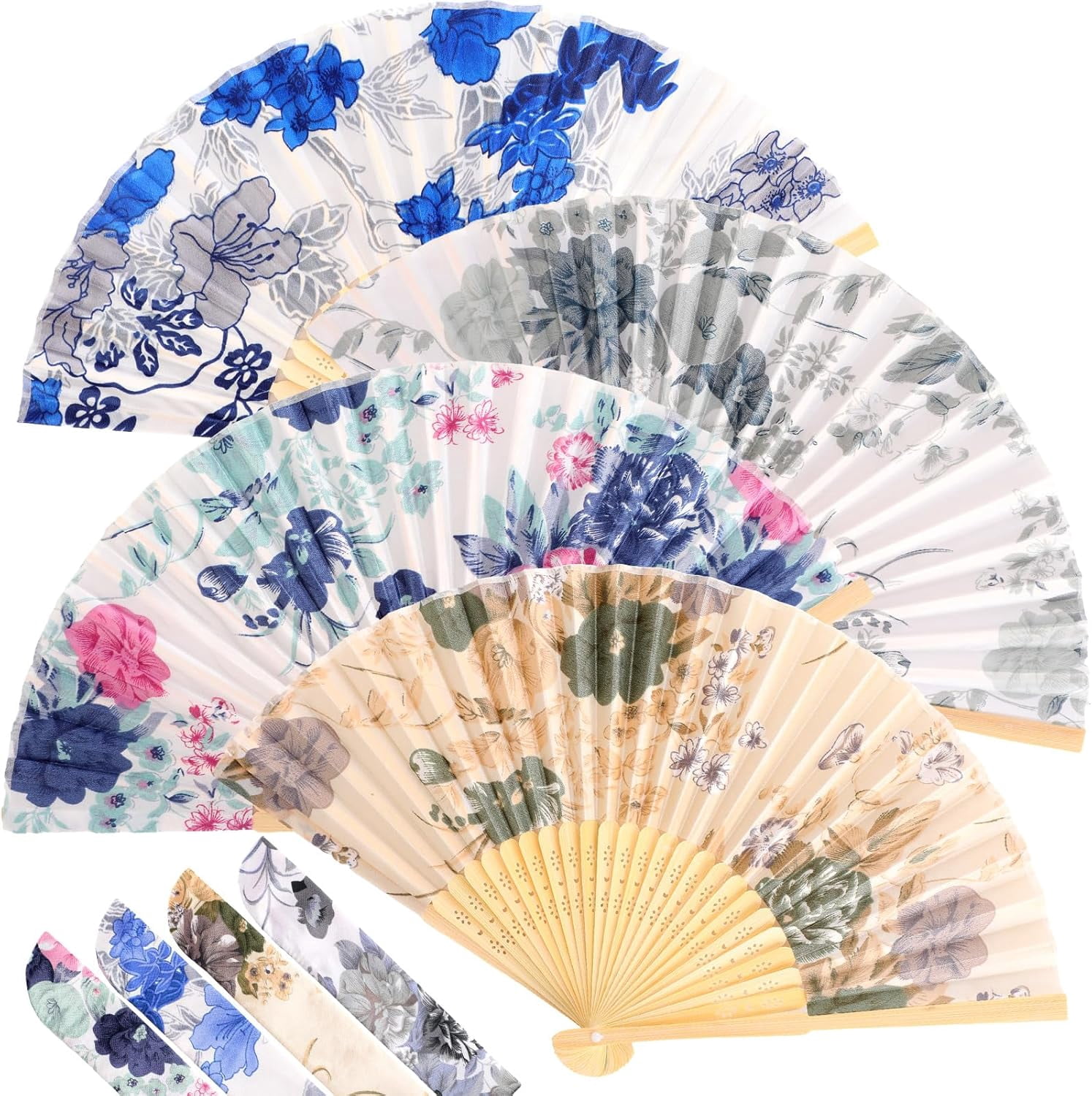 4 Pack Handheld Floral Folding Fans Hand Held Silk Bamboo Fans with ...