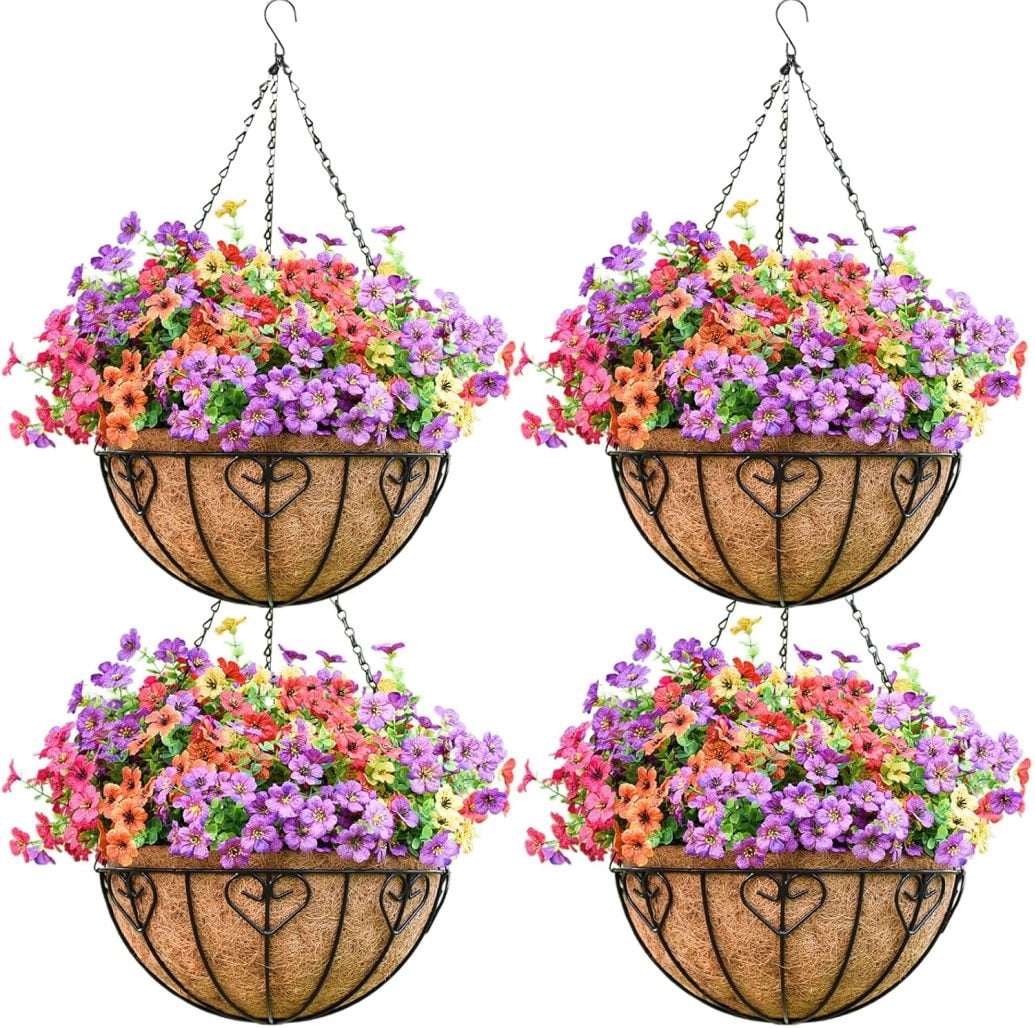 4 Pack Hanging Planter for Outdoor Plants 14 inch Metal Hanging Flower ...