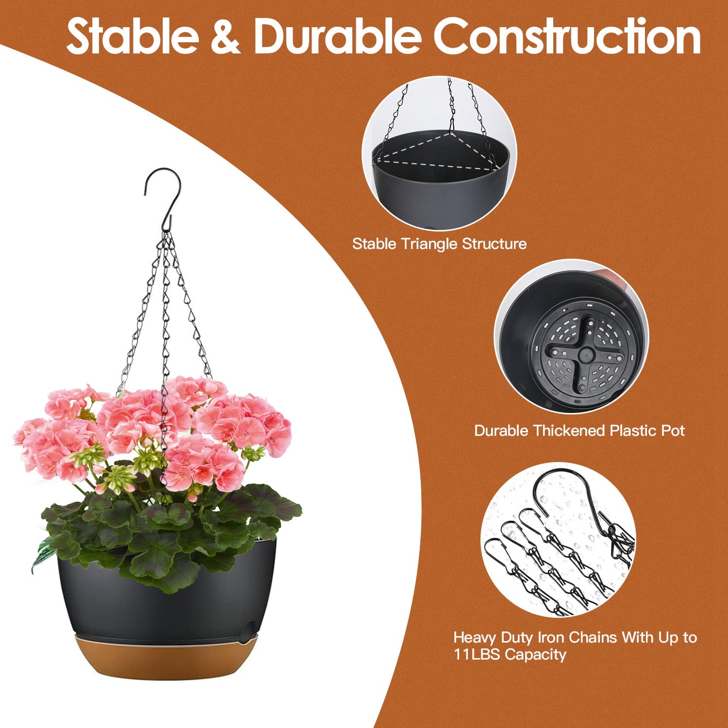 4-Pack Hanging Planters with 9.64 Diameter, Drainage Holes, Removable ...