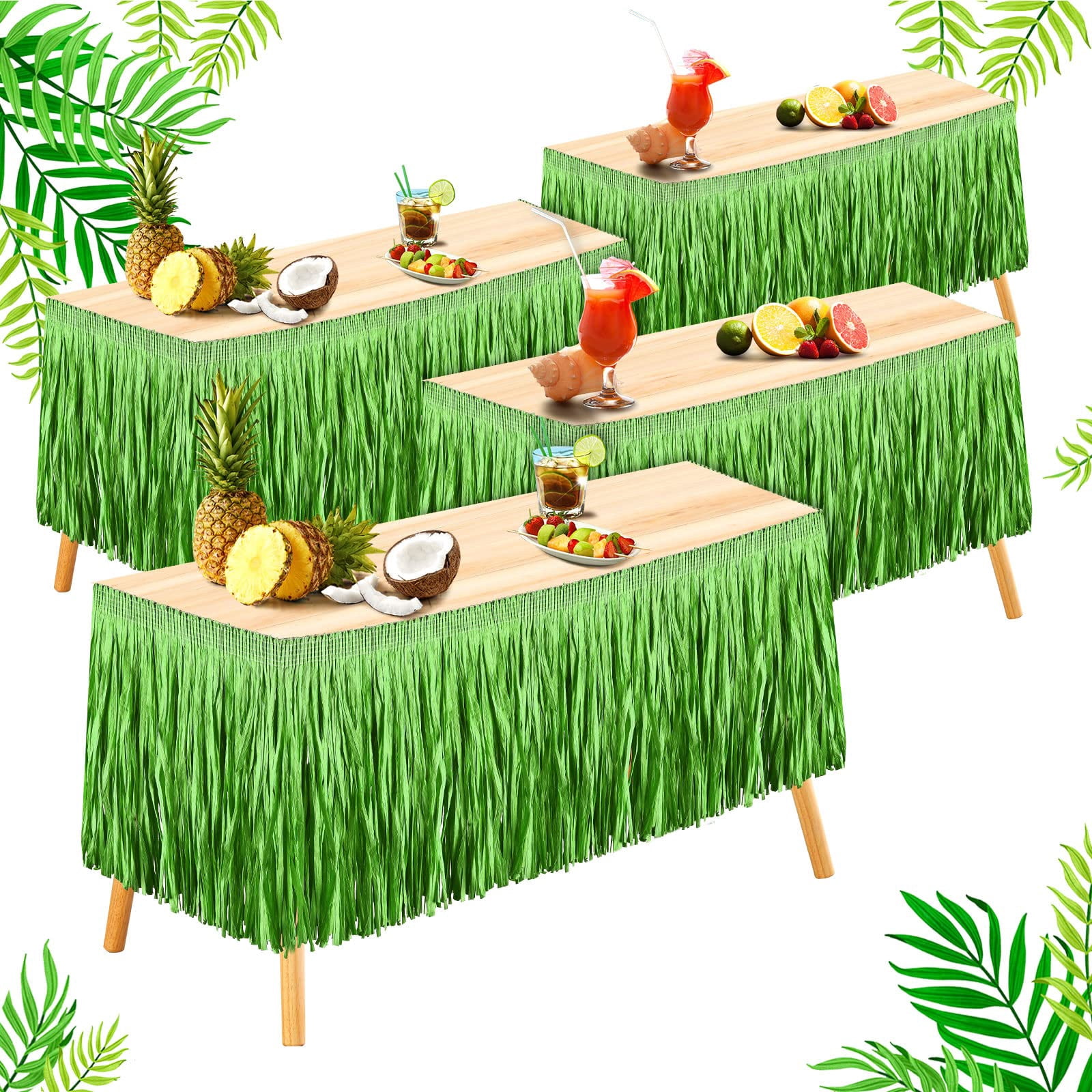 4-Pack Hawaiian Luau Grass Raffia Fringe Banner Table Skirt - Tropical ...