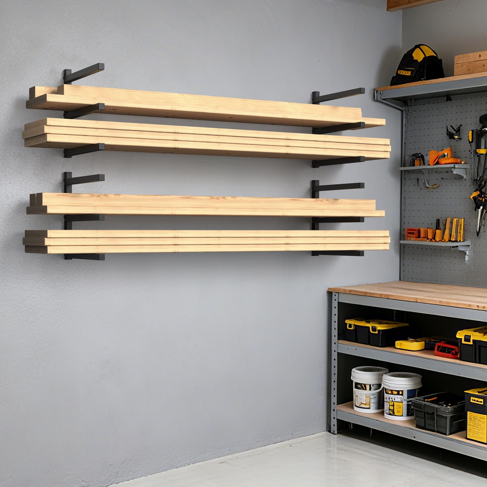 4-Pack Heavy Duty Wall Mount Lumber Rack, 3-Tier Floating Storage Shelf ...