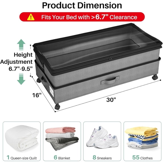 4 Pack Height Adjustable Under Bed Storage Containers with Wheels ...