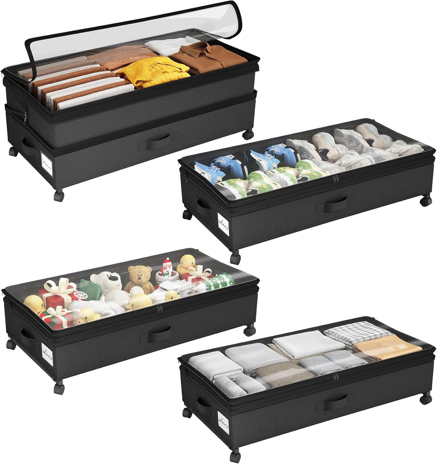 4 Pack Height-adjustable Under Bed Storage with Wheels, Under Bed ...