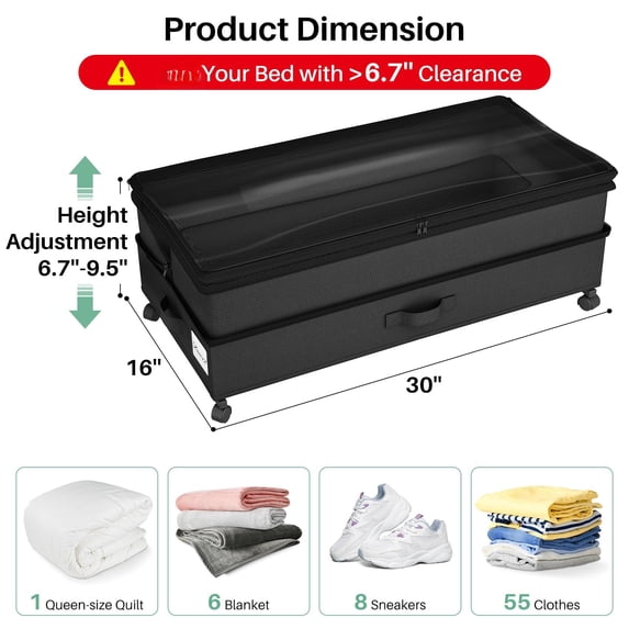 4 Pack Height-adjustable Under Bed Storage With Wheels Containers Shoe ...