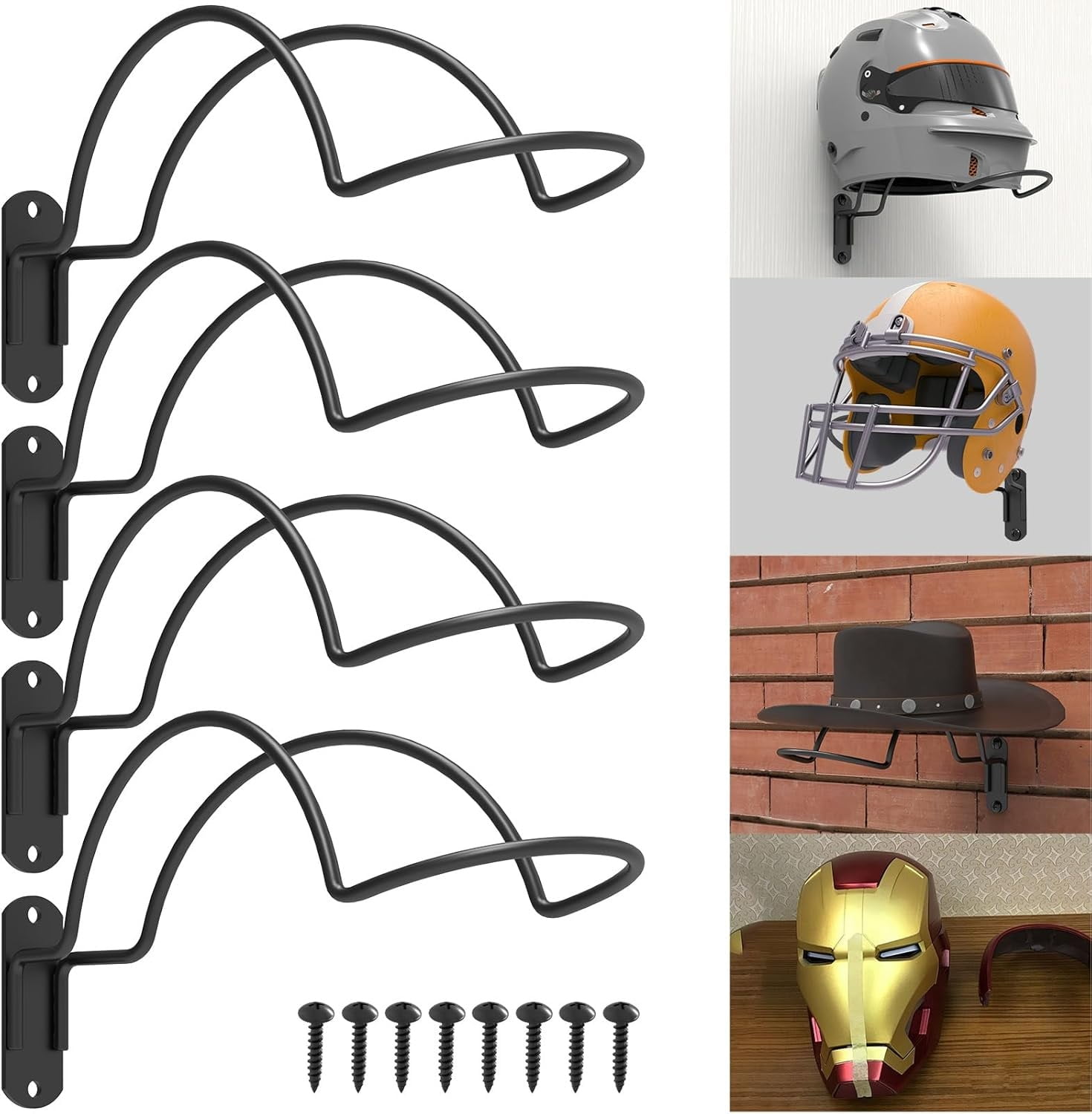 4 Pack Helmet Wall Mount, Metal Helmets Hanger, Black Helmet Wall-Mount ...