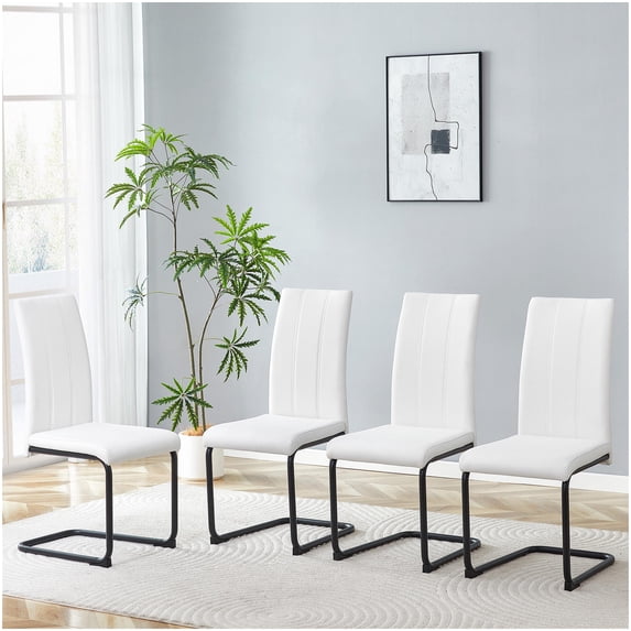 4 Pack High Back Dining Chairs, White PU Leather Side Chairs with Black ...