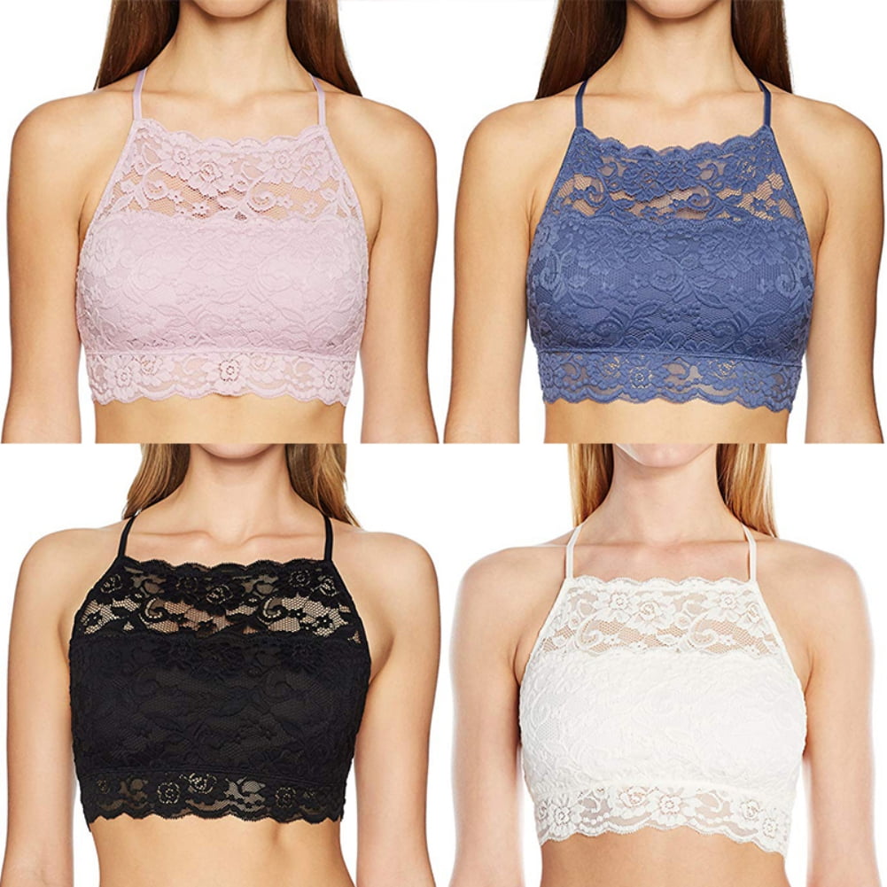 4-Pack High Neck Lace Bralette for Women Racerback Crop Top Vest Bra ...