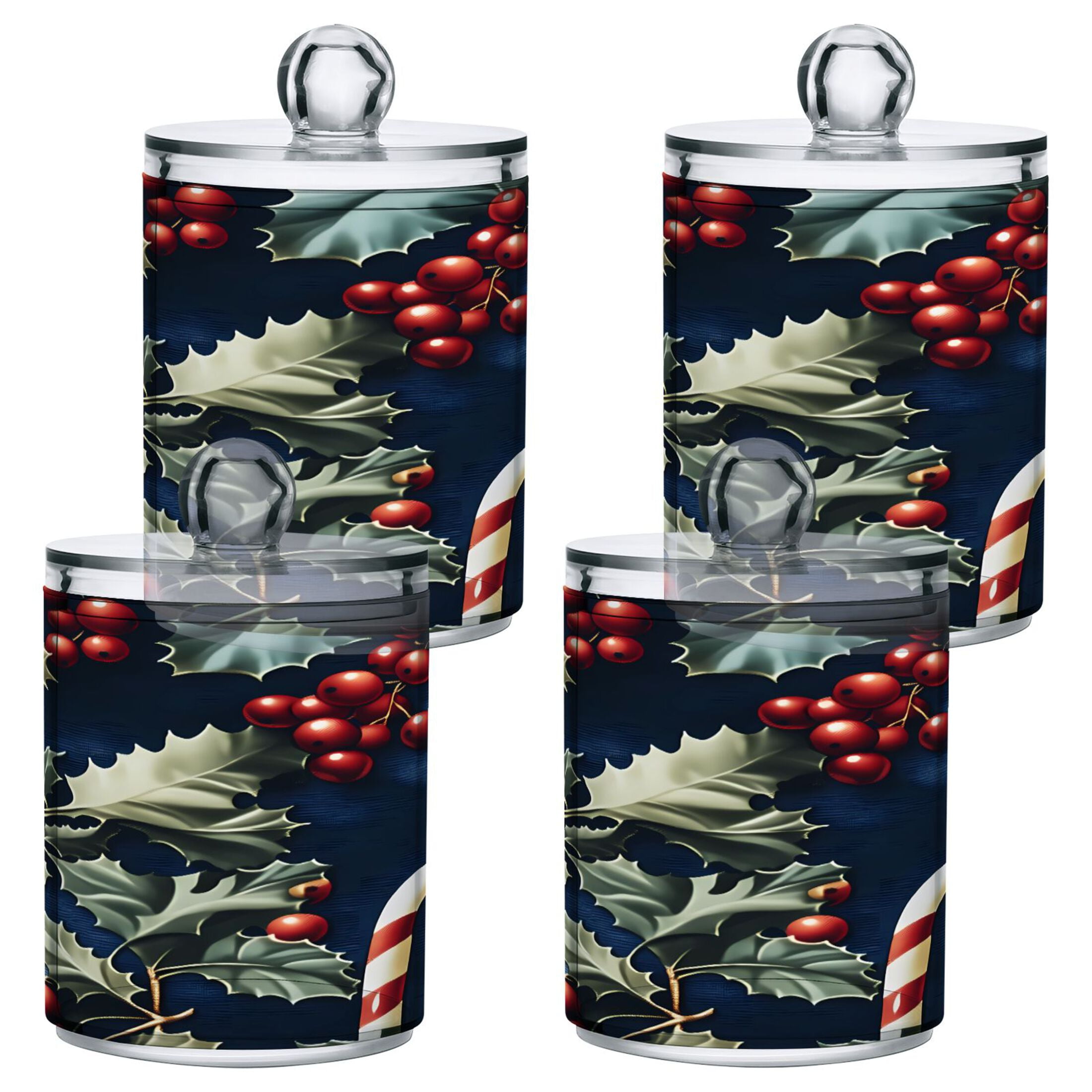 4 Pack Holly Leaves Berries Candy Canes Qtip Holder Dispenser Clear ...