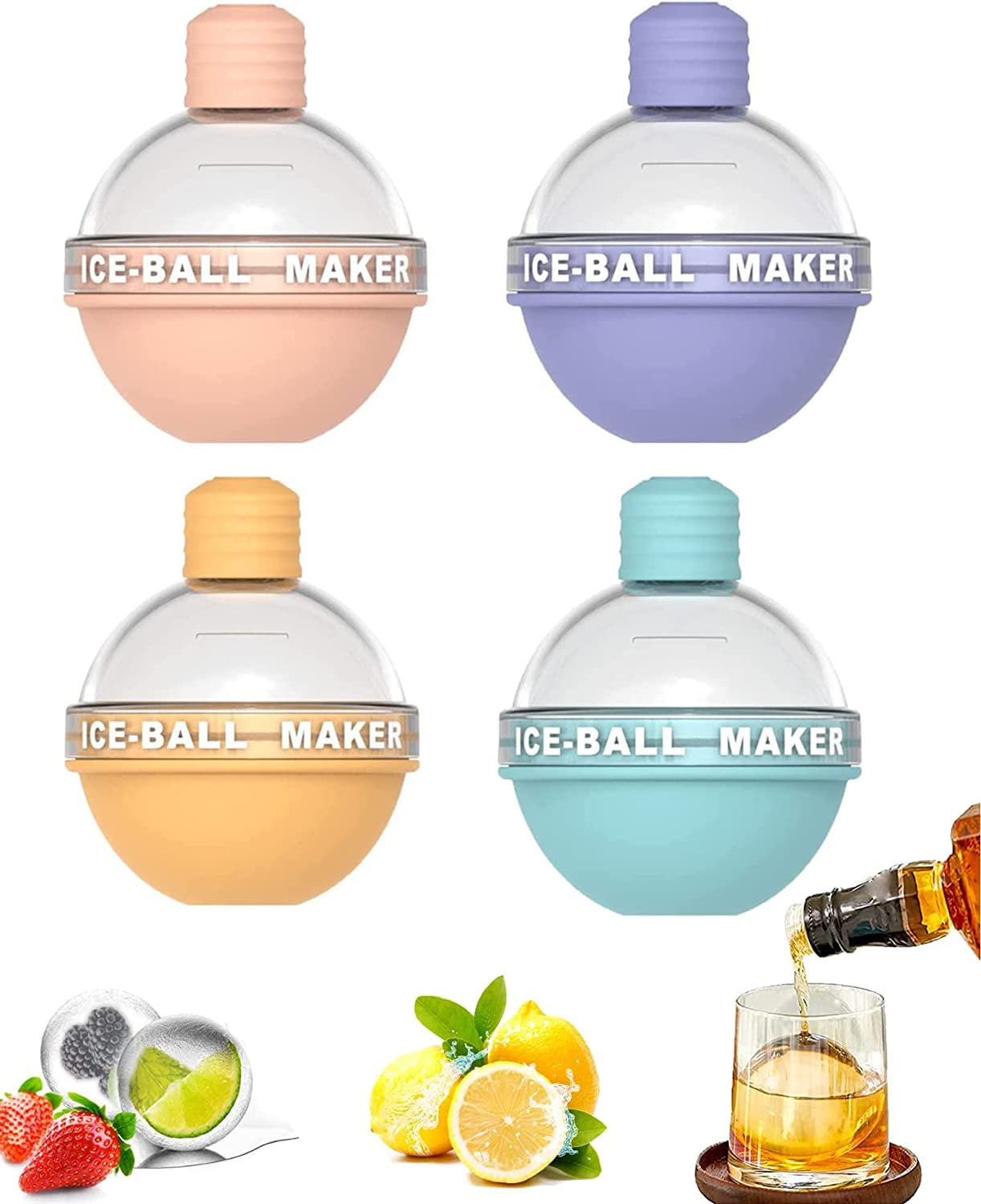 4 Pack Ice Ball Maker, Candy Color Ice Ball Maker Mold, Round Whiskey ...