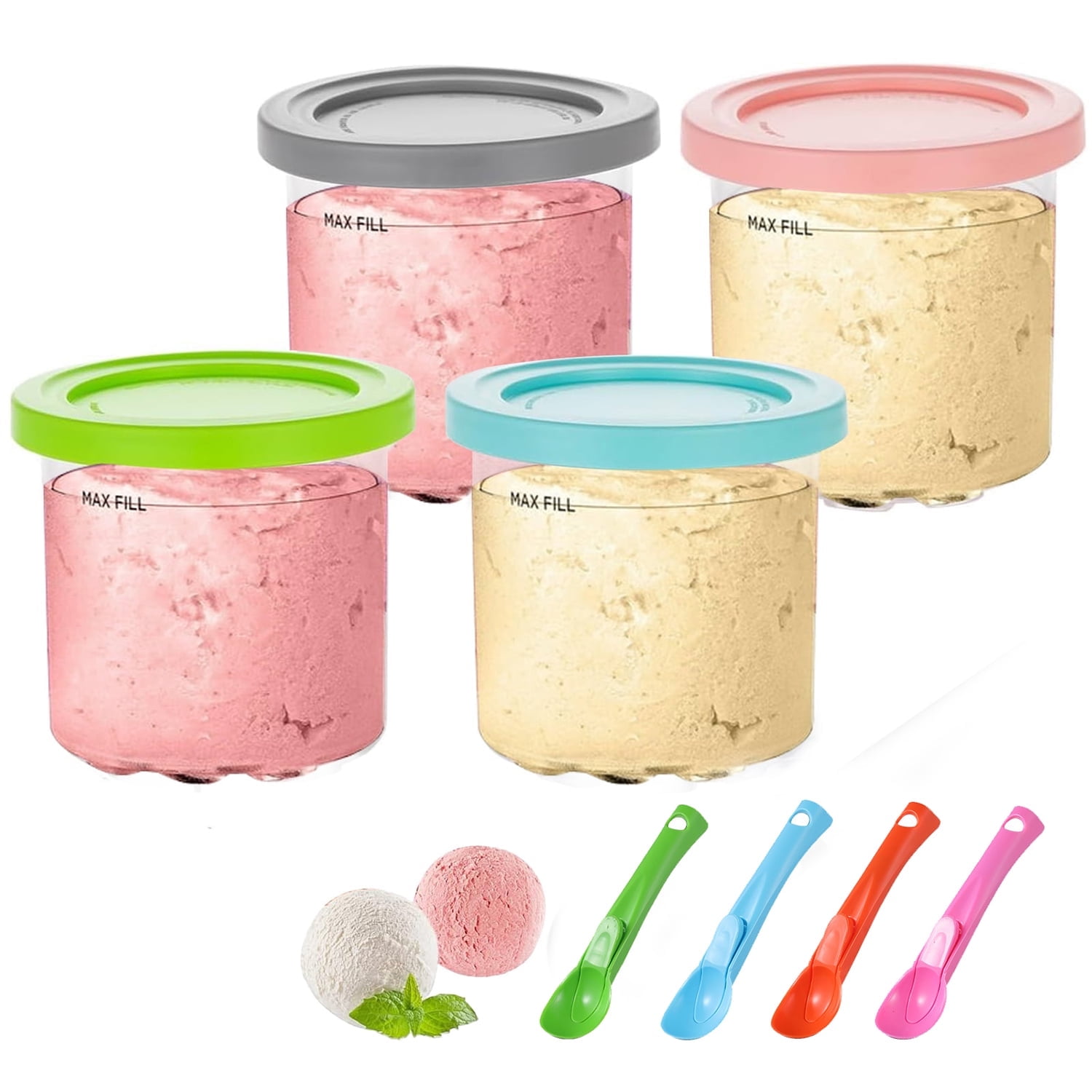 Hoofun 4-Pack Ice Cream Pint Container with Scoops, Compatible with ...