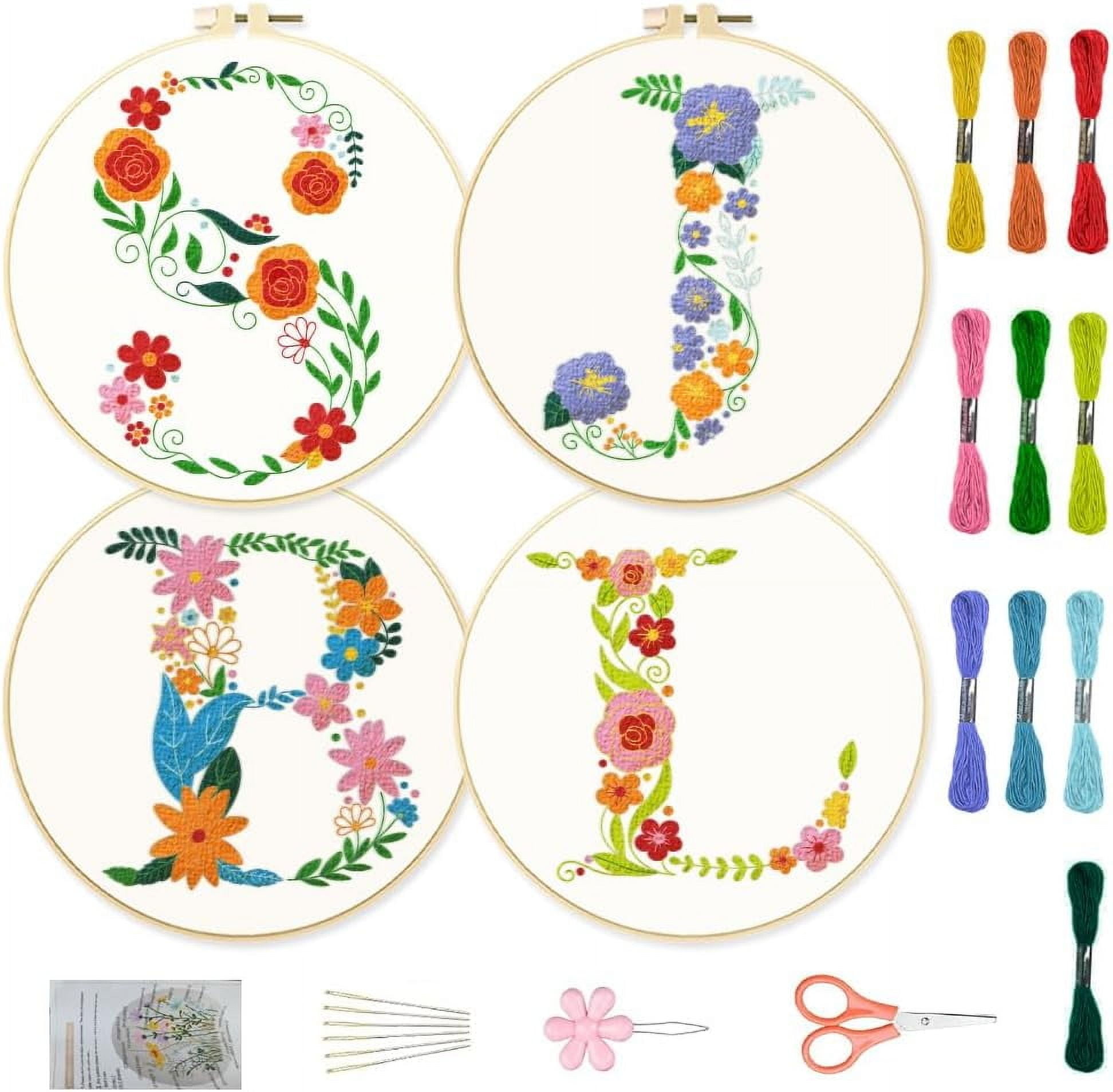 4 Pack Initial Letters and Flowers Embroidery Kits Beginners DIY ...