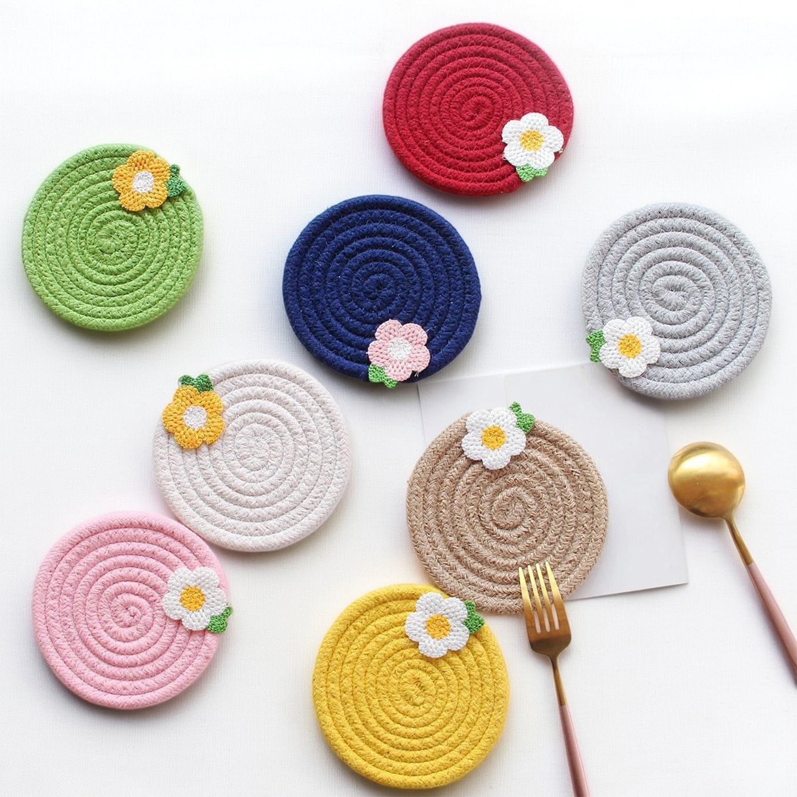 4 Pack Japanese Style Hand Woven Cotton Rope Coasters, Small Flower ...