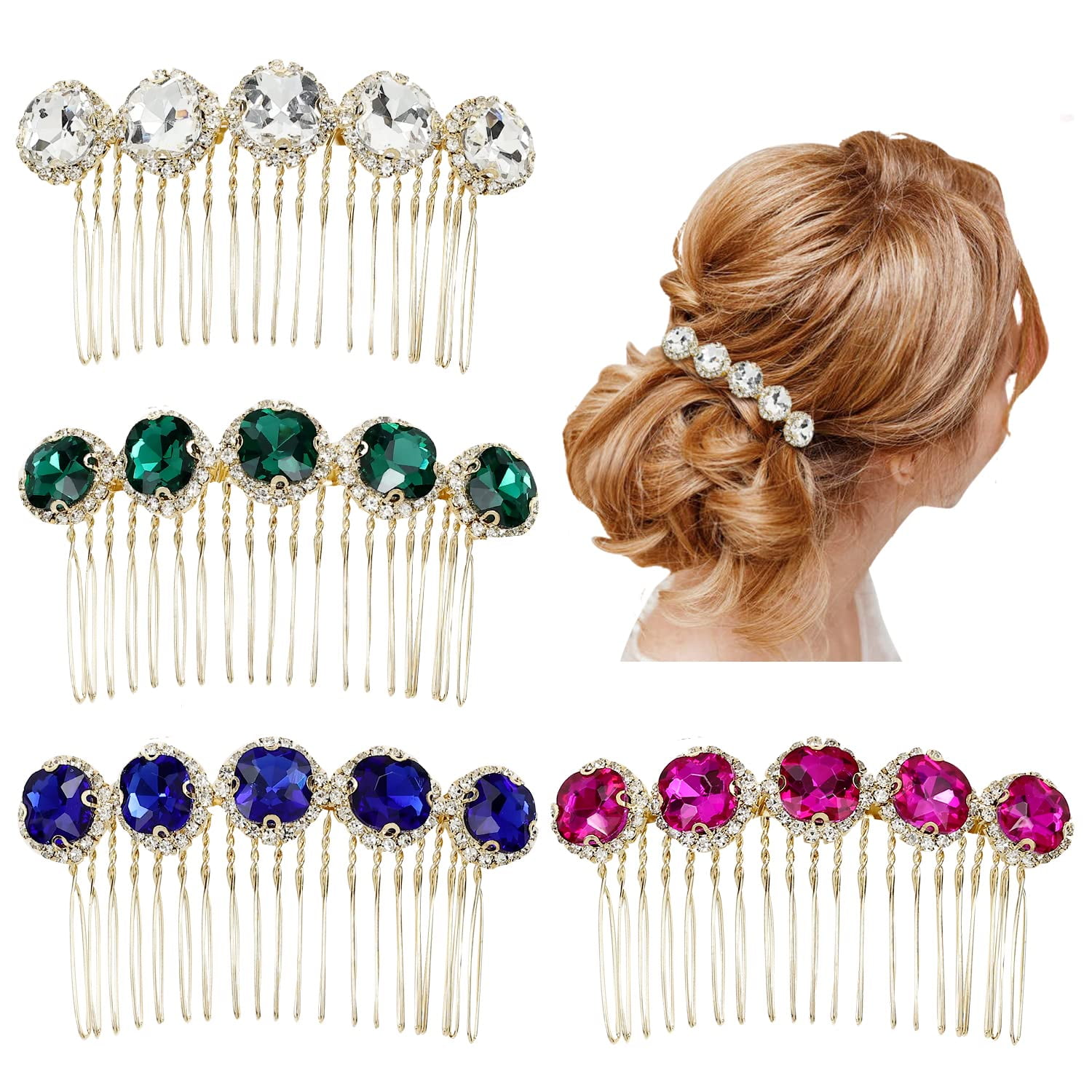 4 Pack Jeweled Gems Crystal Rhinestone Glitter Sparkly Metal Side Hair ...