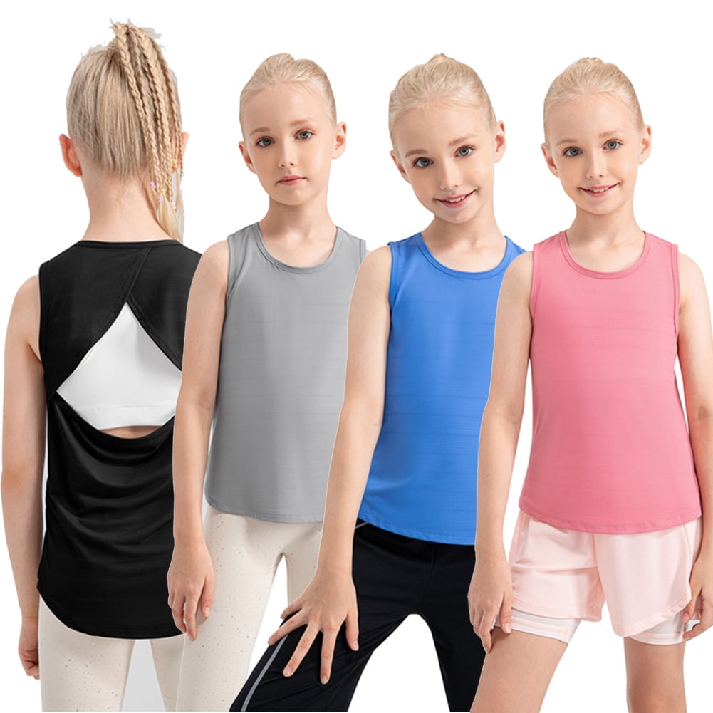 4 Pack Kid Girls Athletic Tank Tops Open Back Sleeveless Dry Fit ...