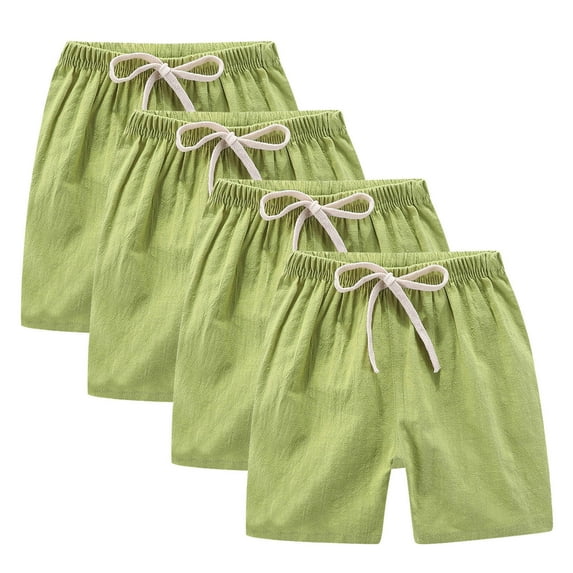 4 Pack Kids Shorts Cotton Linen Elastic Waist Drawstring Solid Color ...