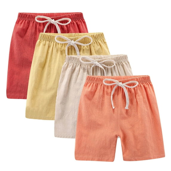 4 Pack Kids Shorts Cotton Linen Elastic Waist Drawstring Solid Color ...