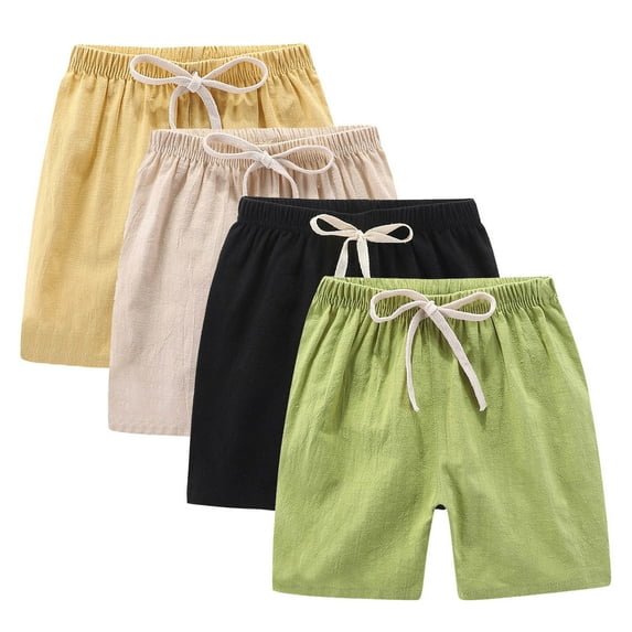 4 Pack Kids Shorts Cotton Linen Elastic Waist Drawstring Solid Color ...