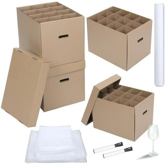4 Pack Kitchen Moving Box and 72 Dish Glass Inserts 16 x 12 x 12" Wine ...